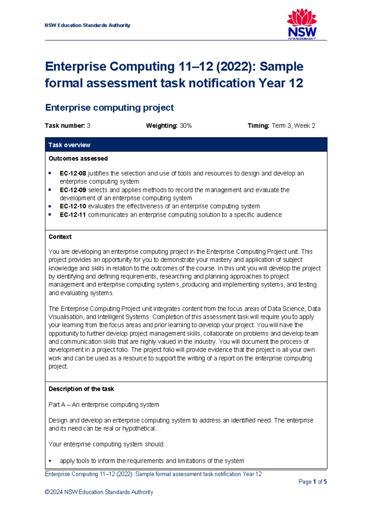 Enterprise Computing (2022): Year 12 Project Assessment Task ...