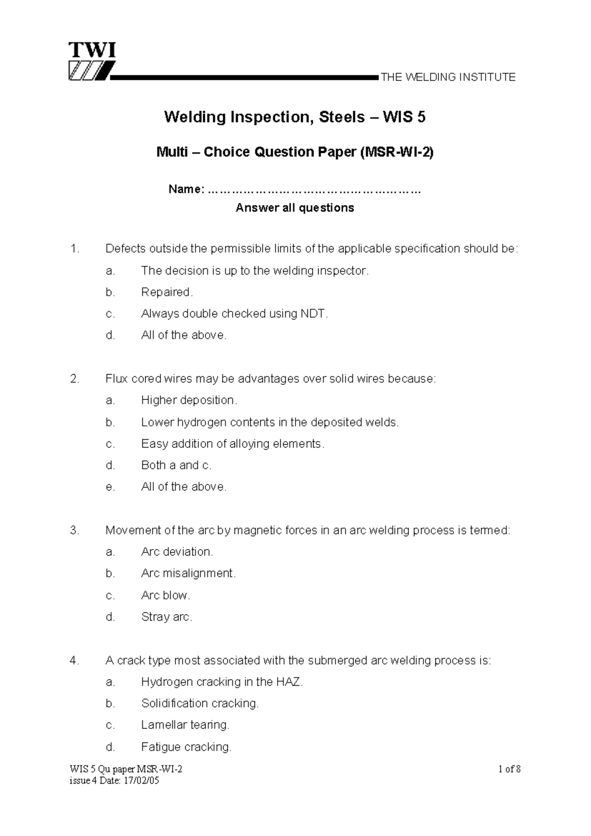 WIS 5 Multi Choice Question Paper on Welding Inspection and Steels ...