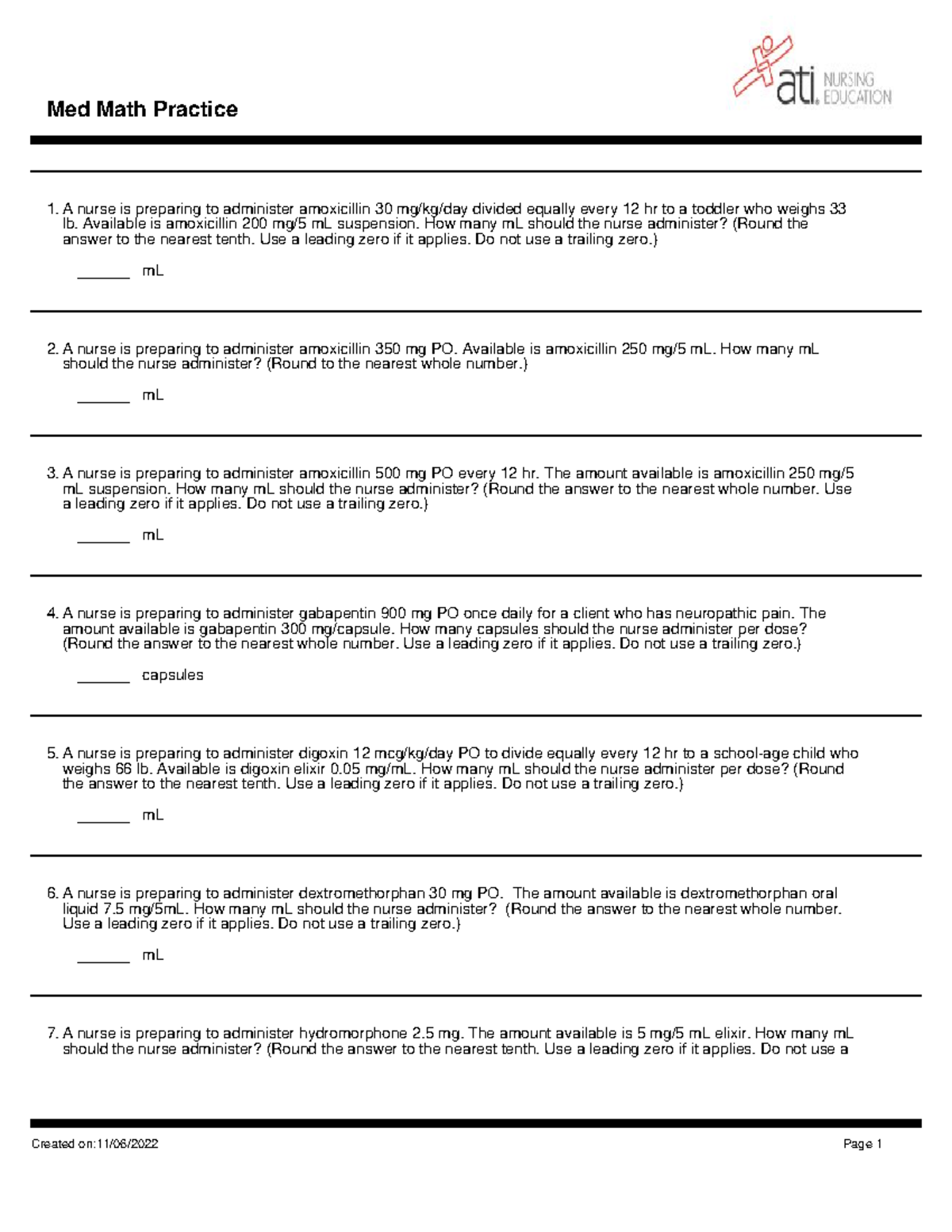 Peds med math practice - A nurse is preparing to administer amoxicillin ...