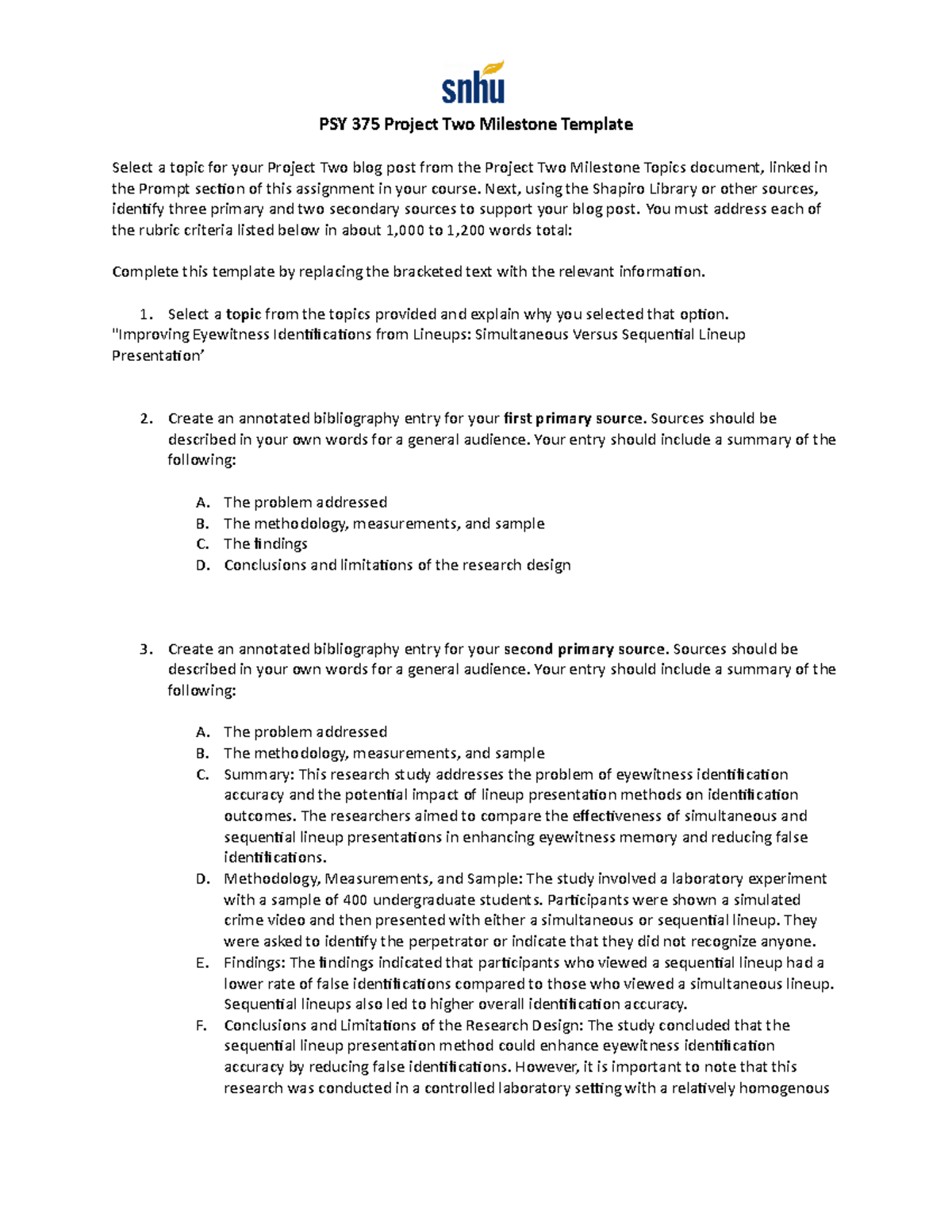 PSY 375 Project TWO Milestone - PSY 375 Project Two Milestone Template ...