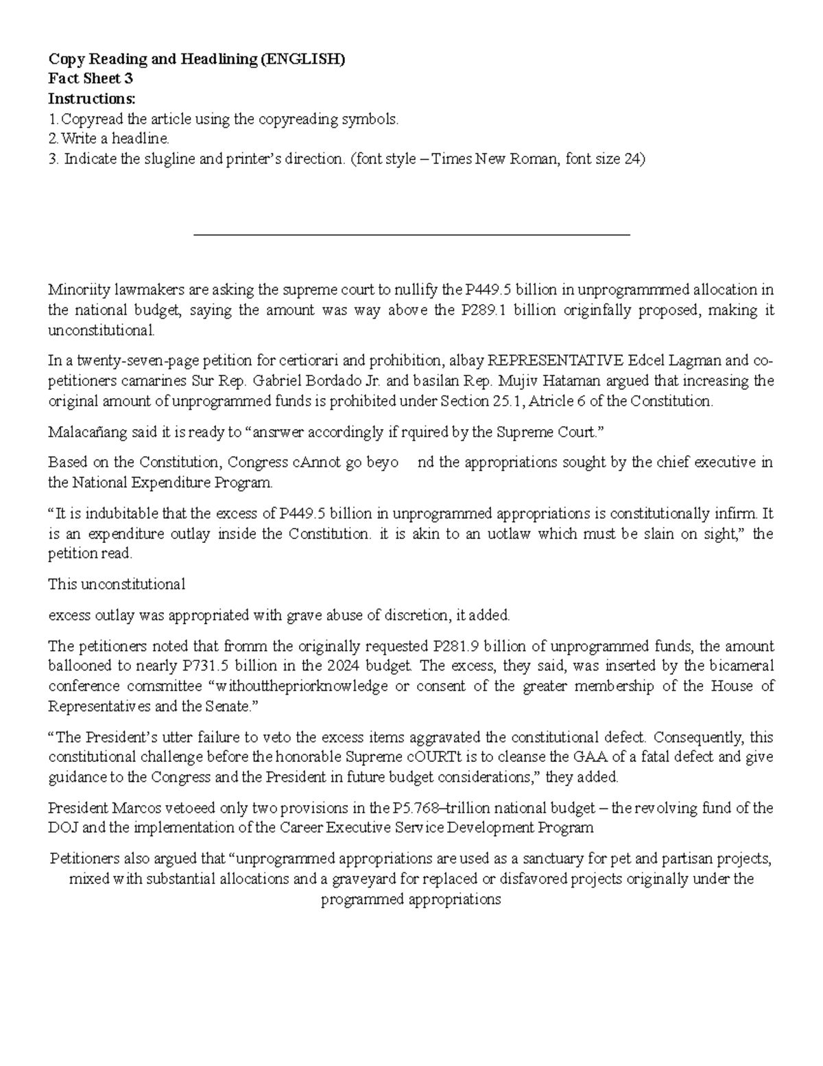 Copy Reading and Headlining Instructions (ENGLISH & FILIPINO) for Fact ...