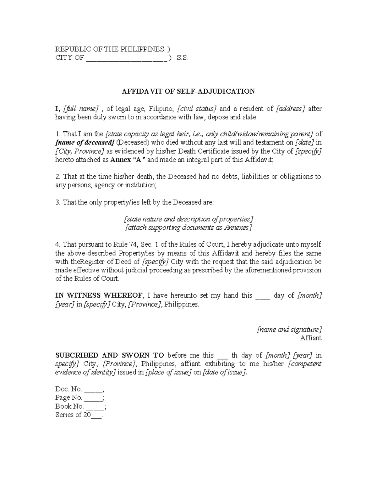 Affidavit of Self Adjudication - Legal Heir Declaration - Studocu