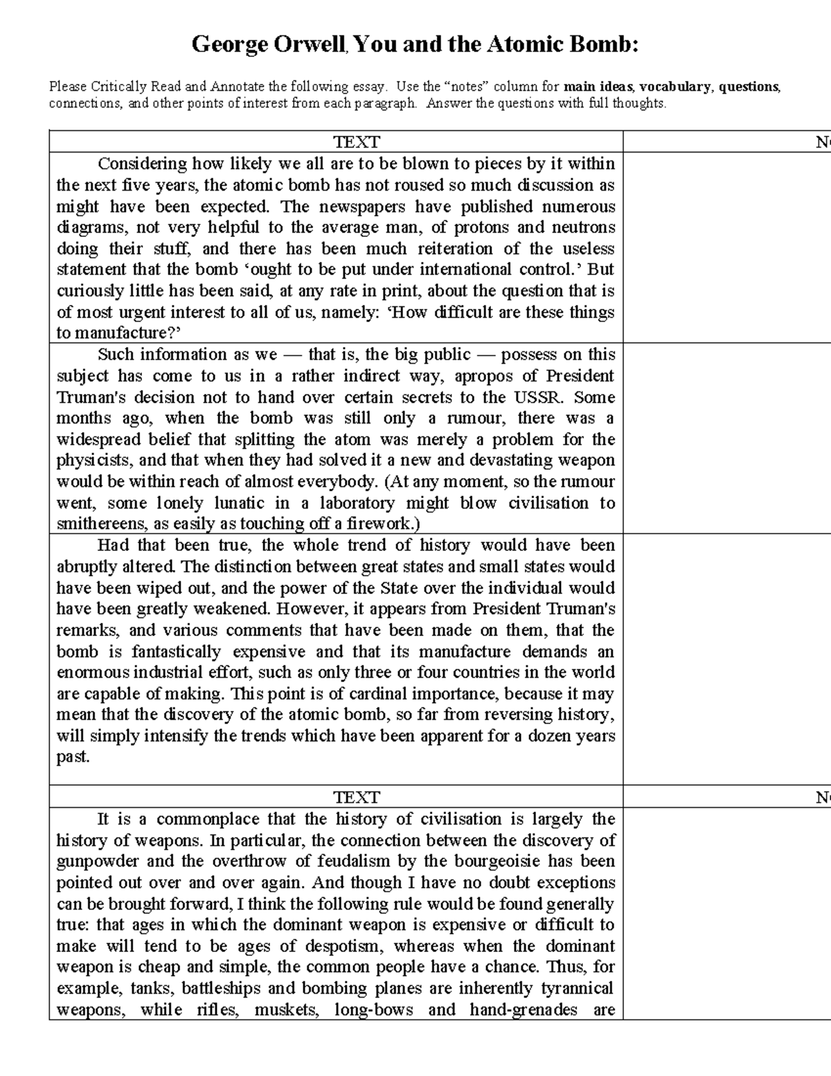 You and the Atomic Bomb Reading w Qs - George Orwell, You and the ...