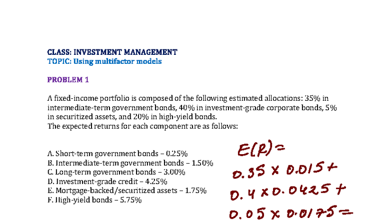 Investment Management (FIN 301) Problem Set: Multifactor Models ...