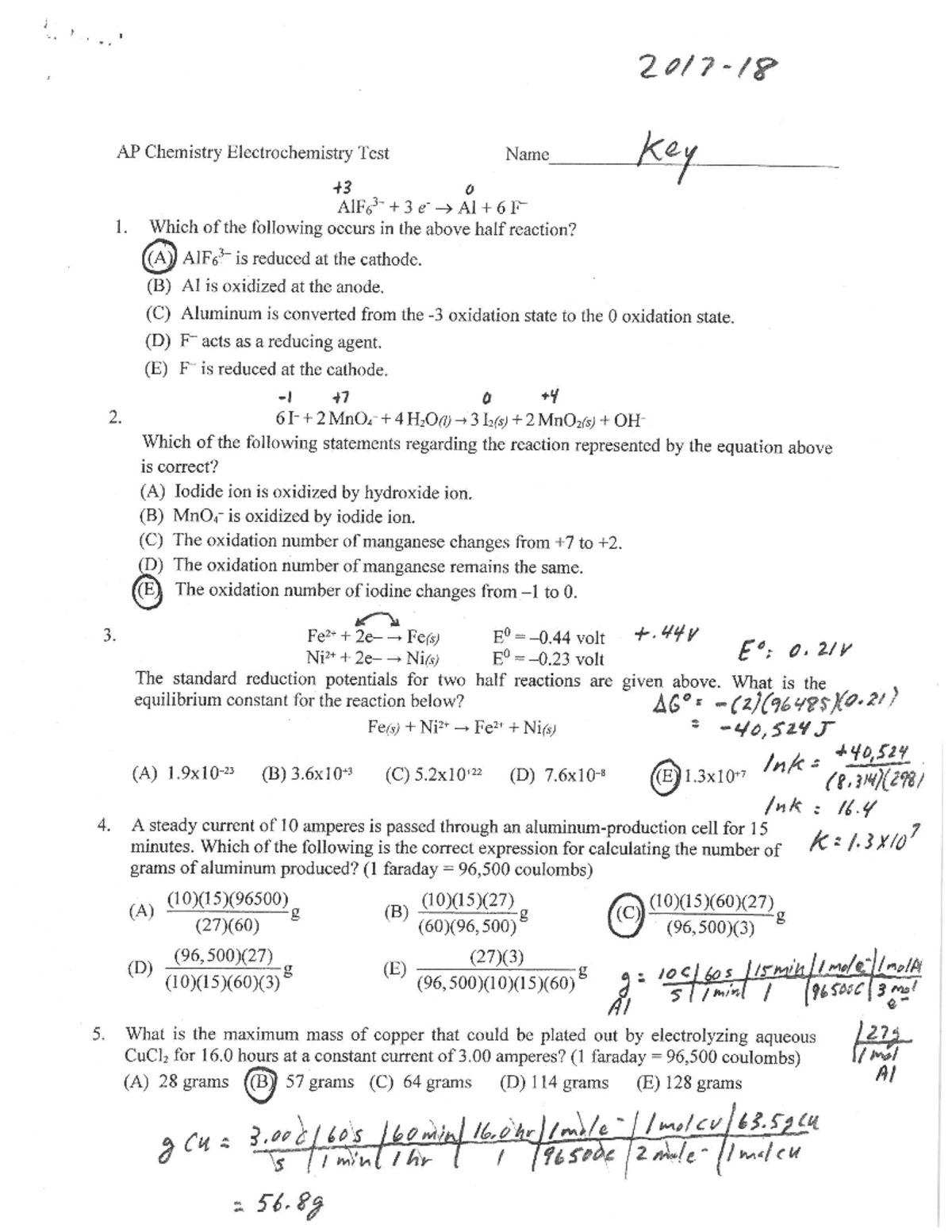 AP Chemistry Electrochemistry Test Key 2018 - Studocu