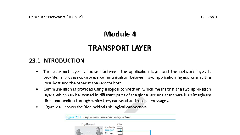 Computer Networks (BCS502) CSE, SVIT Module 4 Notes on Transport Layer ...