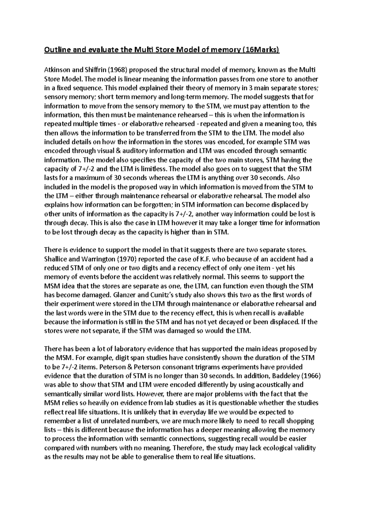 Outline and Evaluate the Multi Store Model of Memory (16 Marks) - Studocu