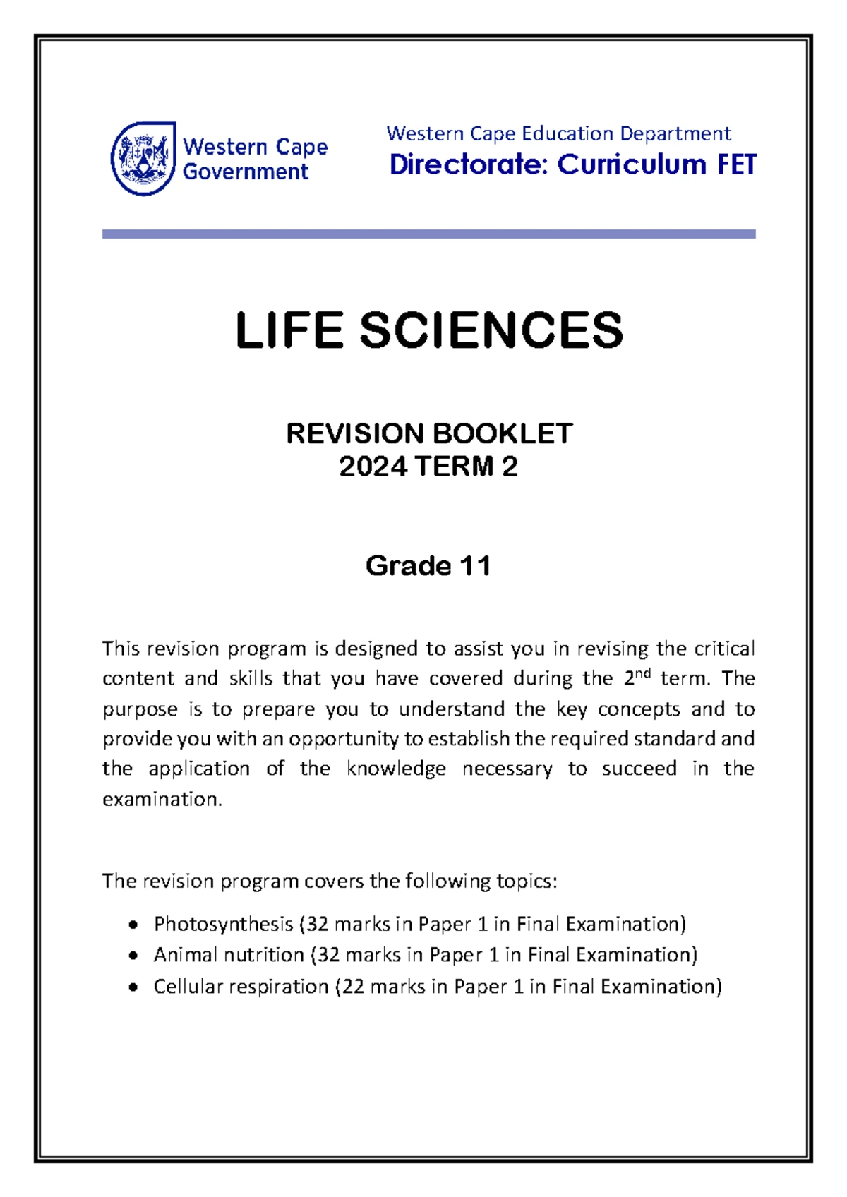 Life Sciences Grade 11 Revision Terms 3 and 4 2021 - Directorate ...