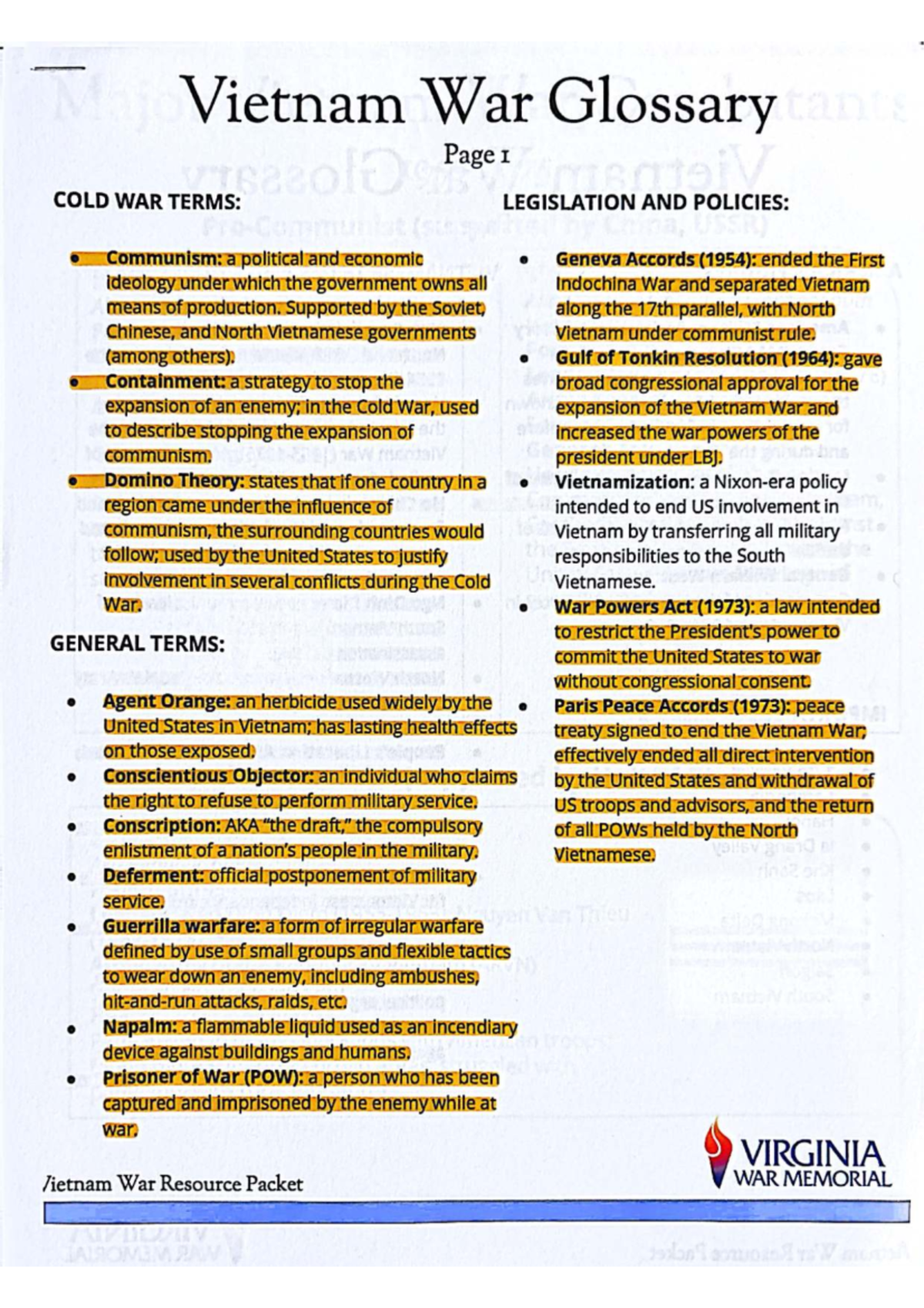 Vietnam War Glossary and Key Terms: COLD WAR CONTEXT - Studocu