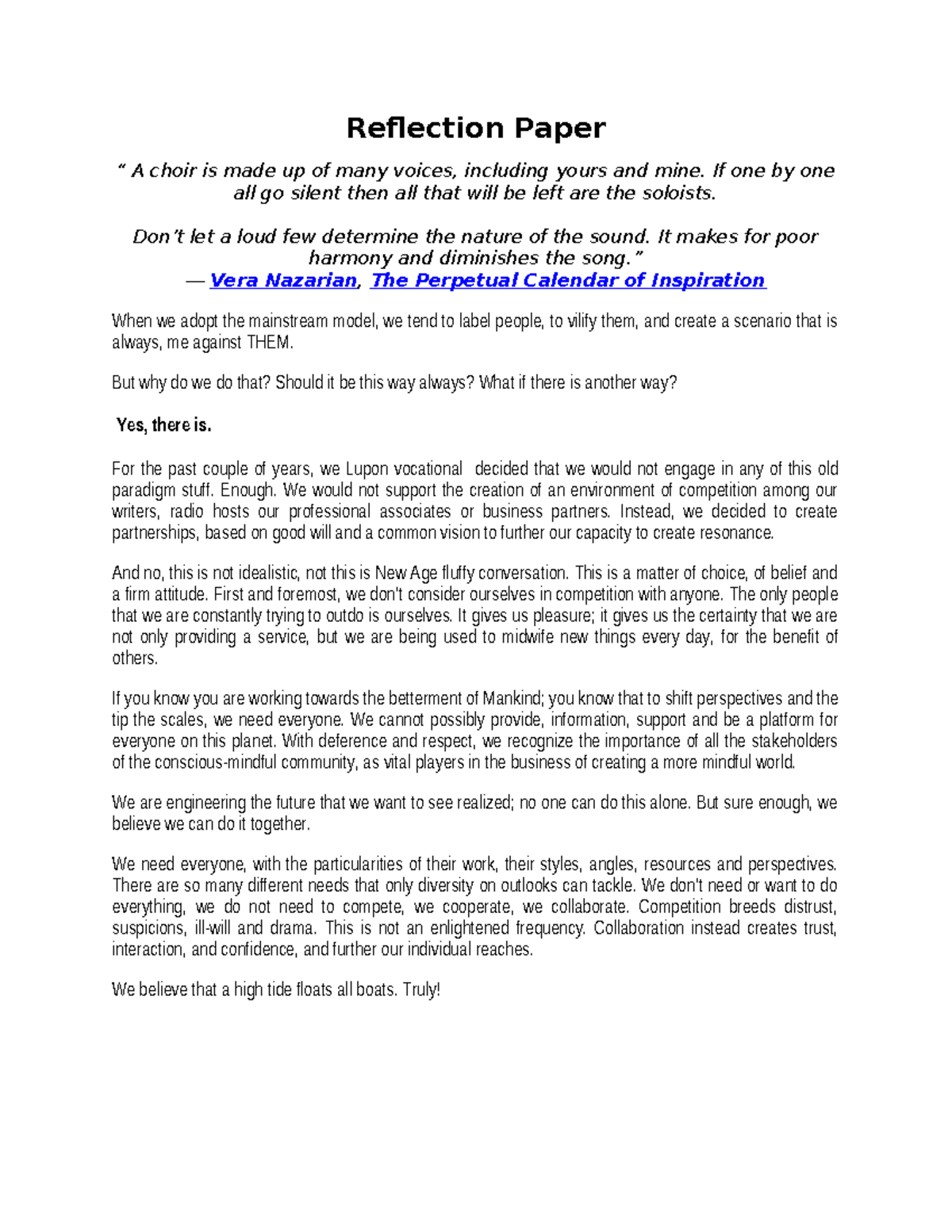 Reflection-Paper - Reflection - Reflection Paper “ A choir is made up ...