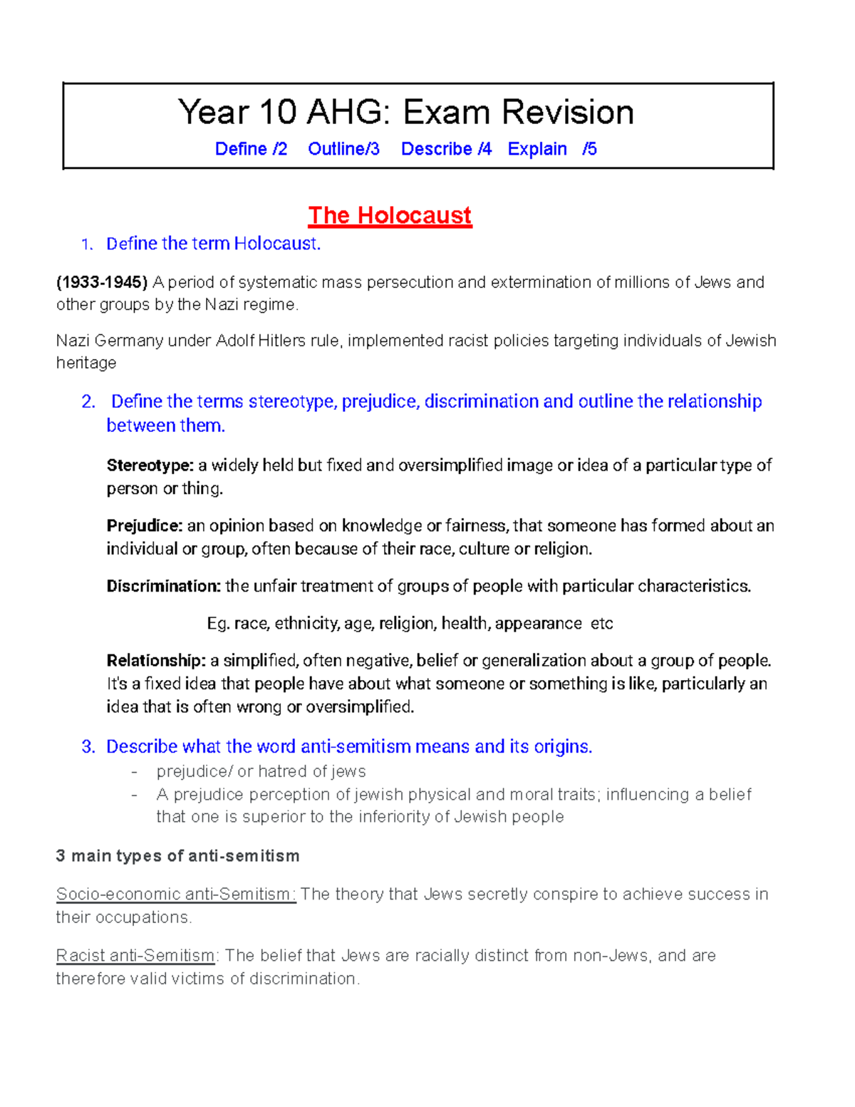 Year 10 AHG: WWII, Holocaust & UN Exam Revision Notes - Studocu