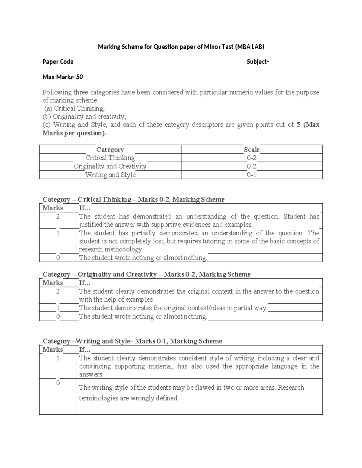 Marking Scheme for Minor Test (MBA LAB) - Max 50 Marks - Studocu