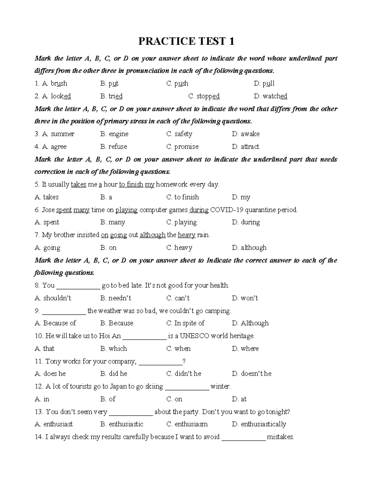 Practice TEST 1 - English Language Skills Assessment - Studocu