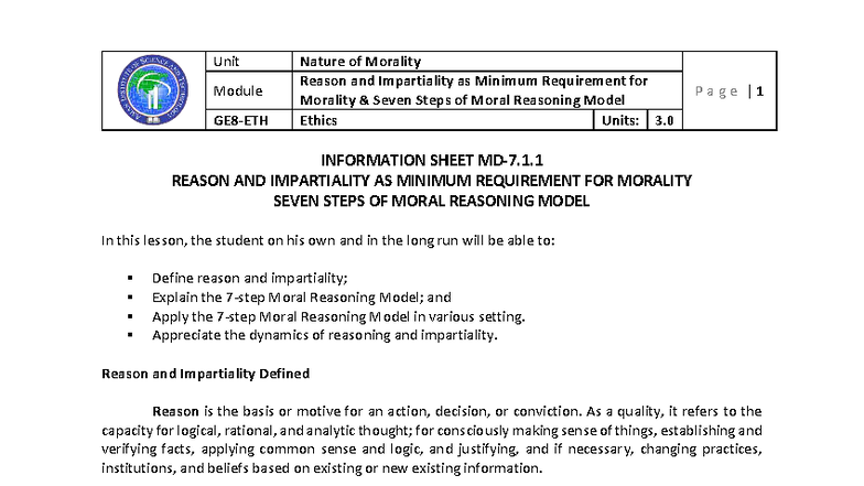 CJM Module 7-GE8-ETH: Nature of Morality & Moral Reasoning Steps - Studocu