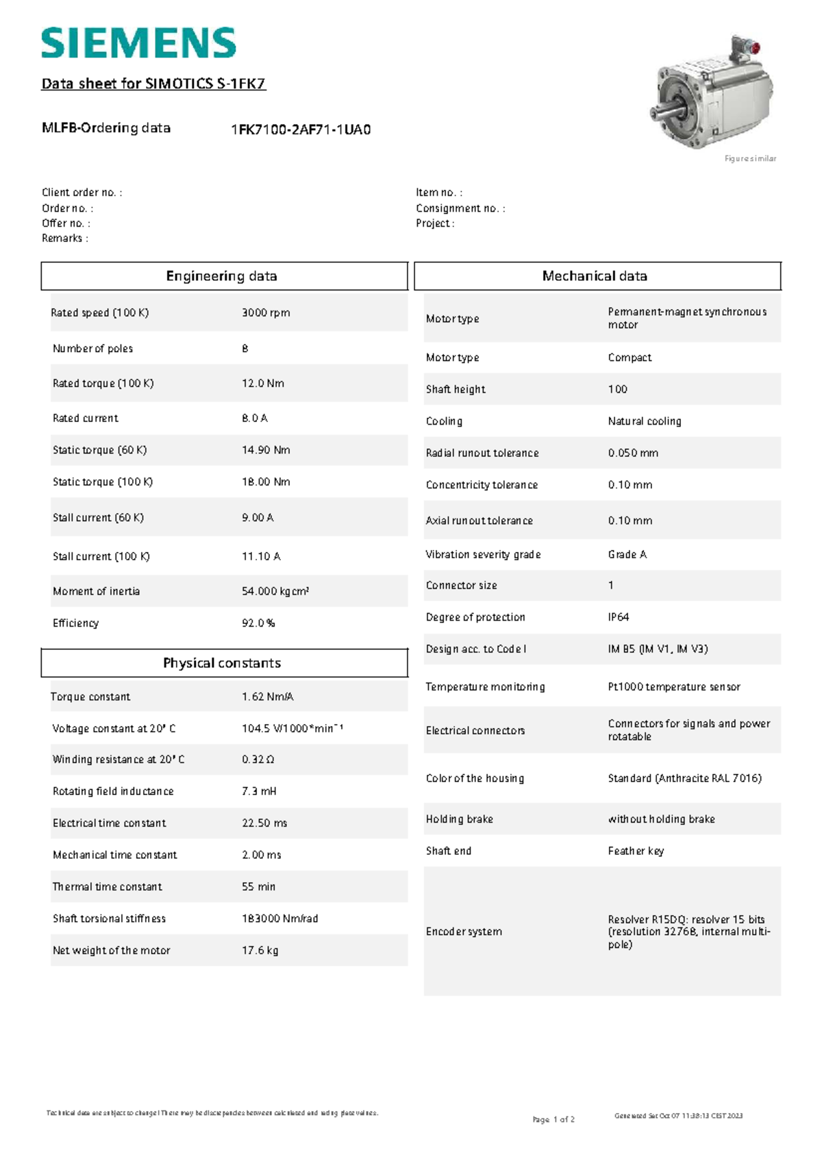 Siemens 1FK7100 2AF71 1UA0 Motor Datasheet & Technical Data - Studocu