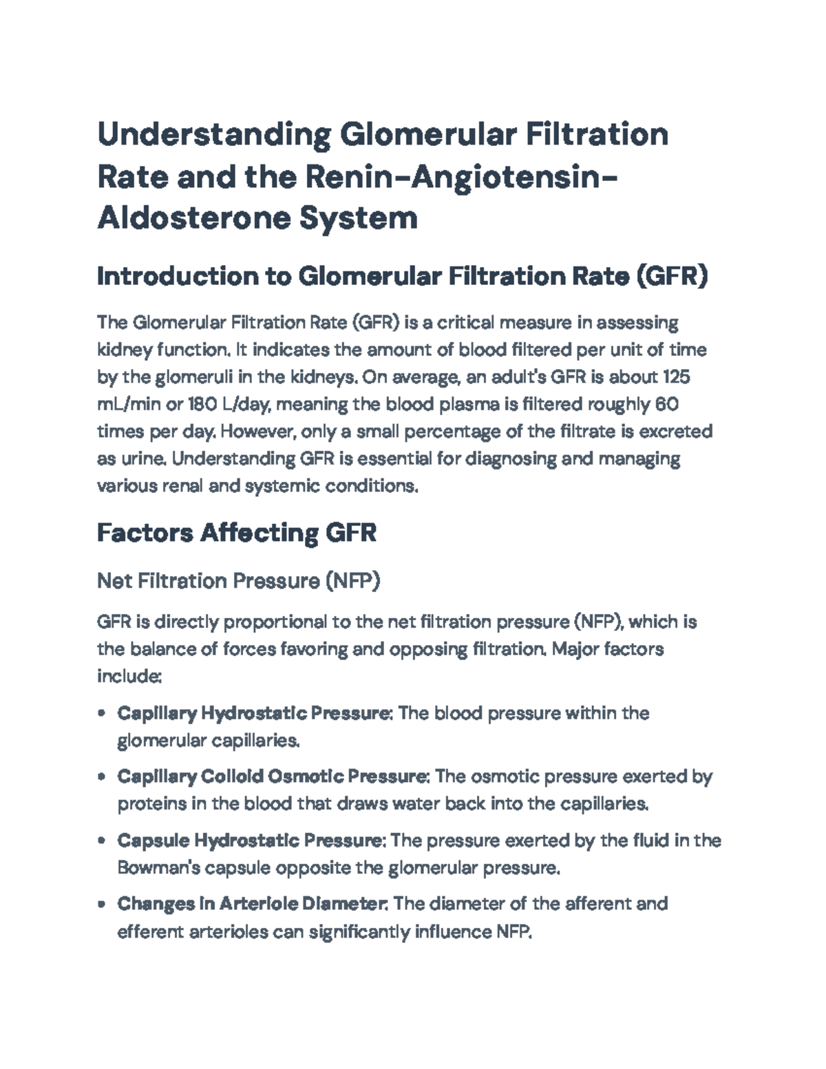 GFR & RAAS: Key Mechanisms in Kidney Function for Physio 101 - Studocu