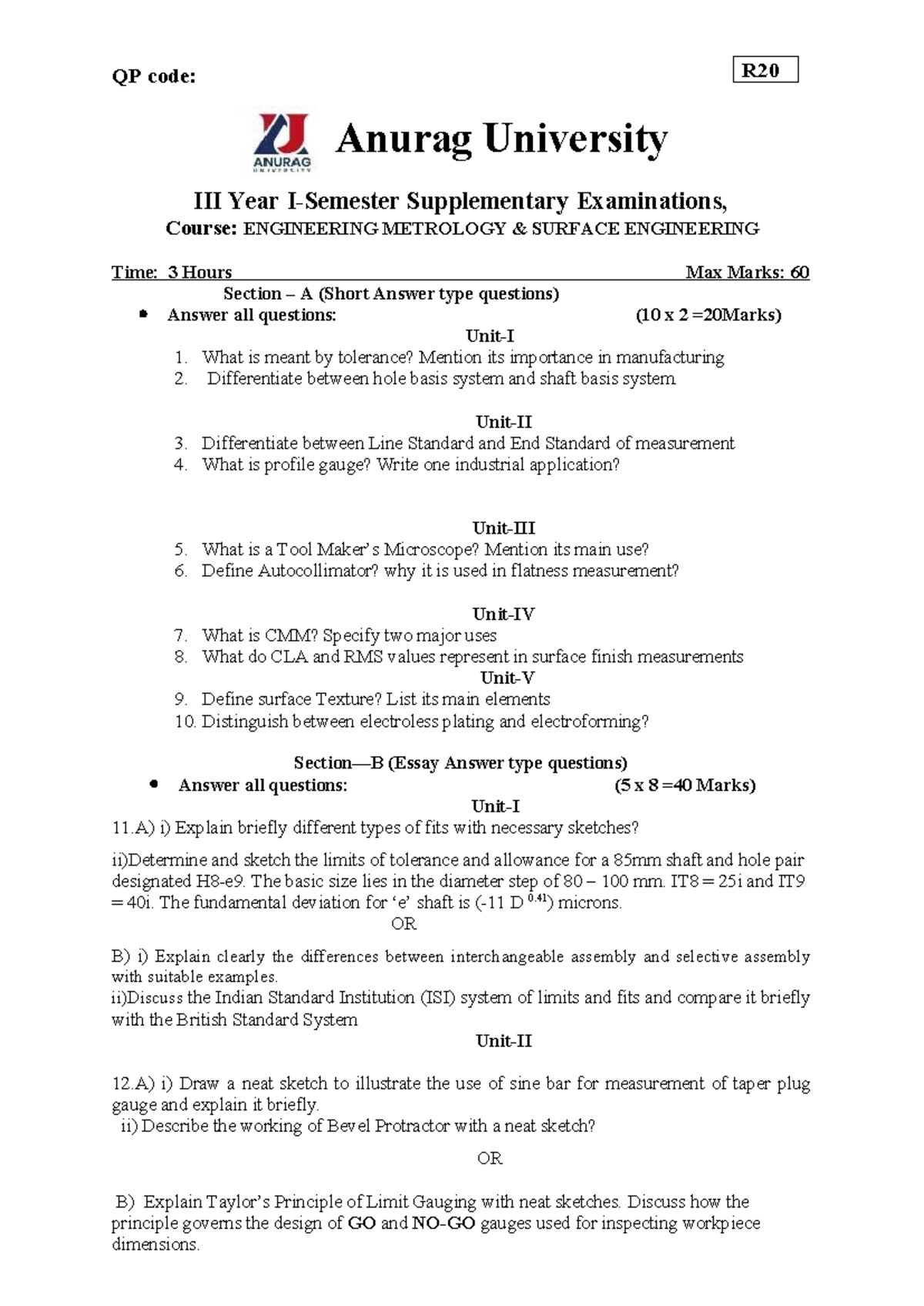 R20 Engineering Metrology & Surface Engineering Exam Notes - Studocu