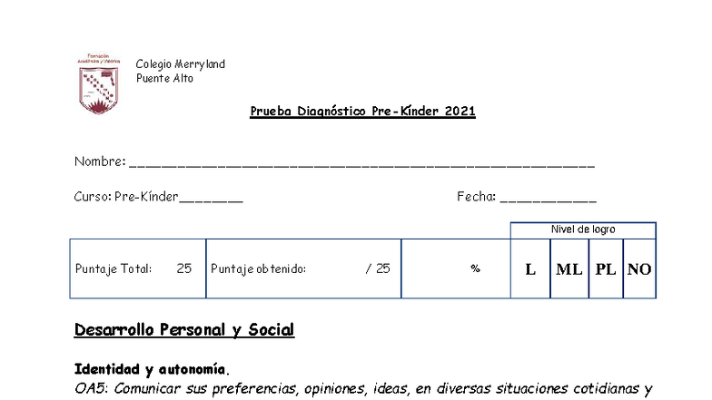 Prueba Diagnóstica Pre Kinder 2021 - Colegio Merryland Puente Alto ...