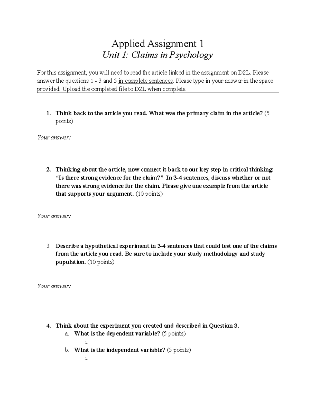 Applied Assignment 1: Claims in Psychology Analysis (PSY101) - Studocu