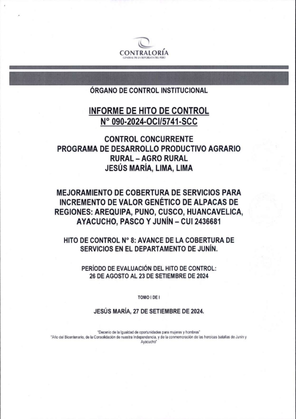 Informe de Control Concurrente CUI 2436681: Avance en Servicios de Alpacas - Studocu