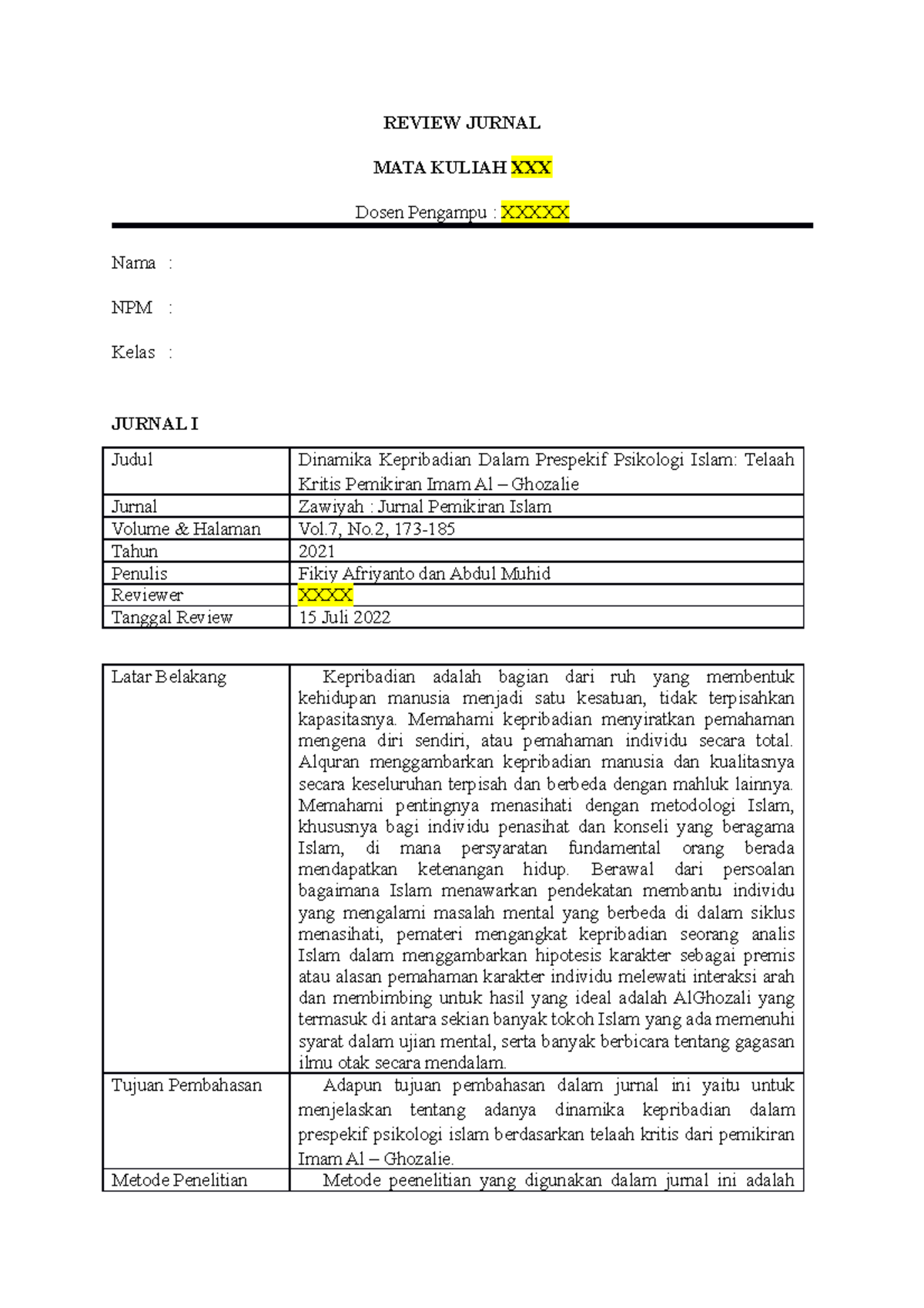Review Jurnal Psikologi Islam: Telaah dan Analisis Kritis - Studocu