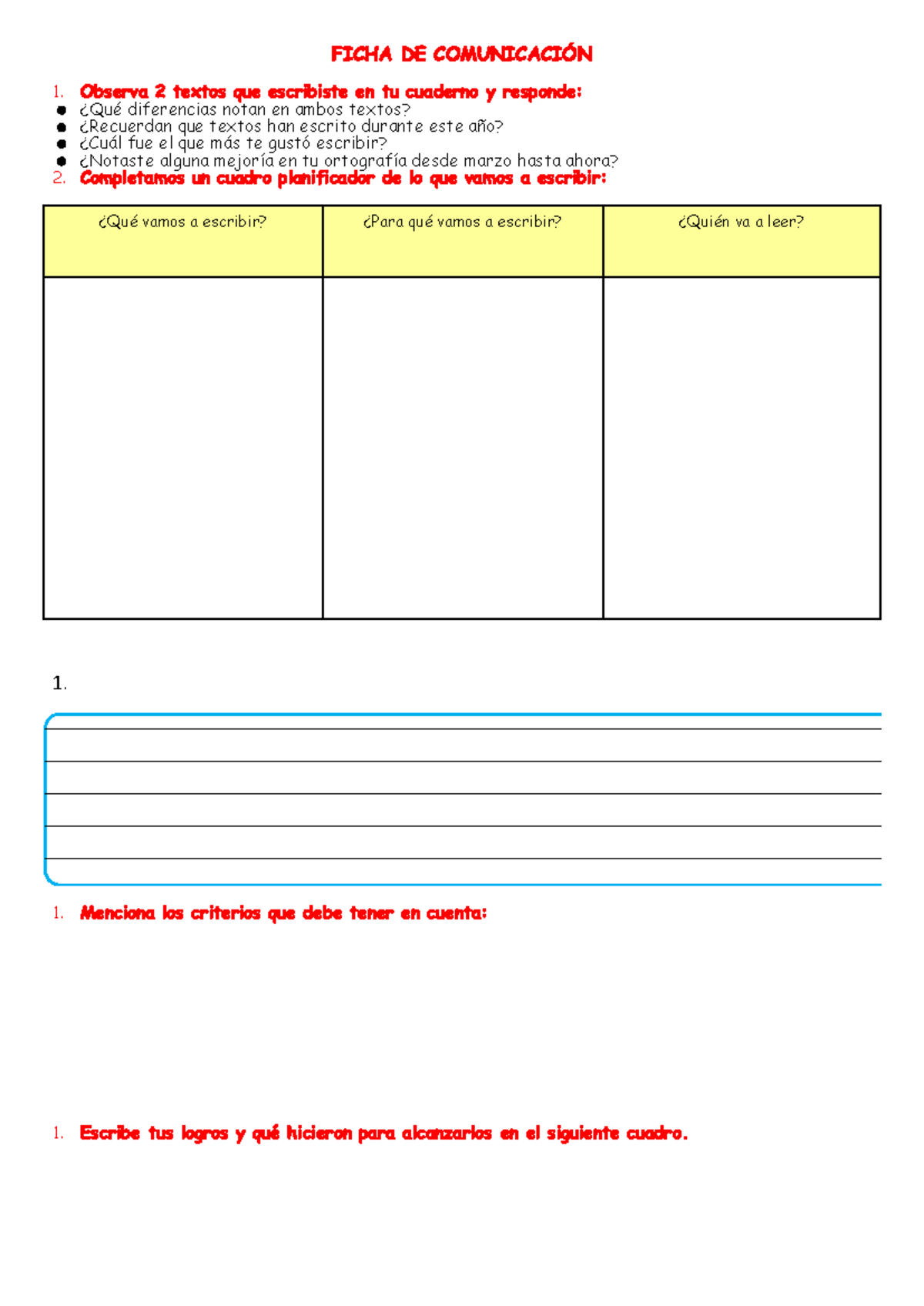Ficha de Comunicación: Logros de Aprendizaje y Textos Escritos - Studocu