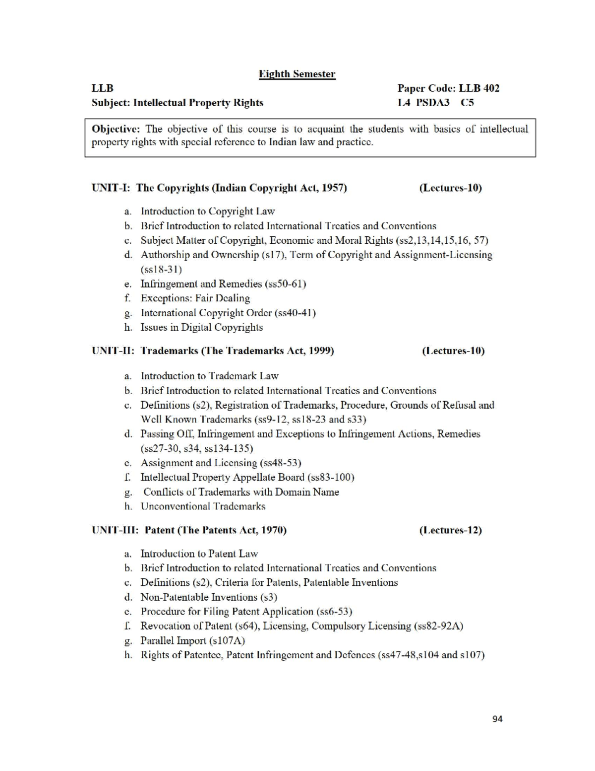 Eighth Semester LLB Syllabus: IPR, Statutes, Trade & Humanitarian Law ...