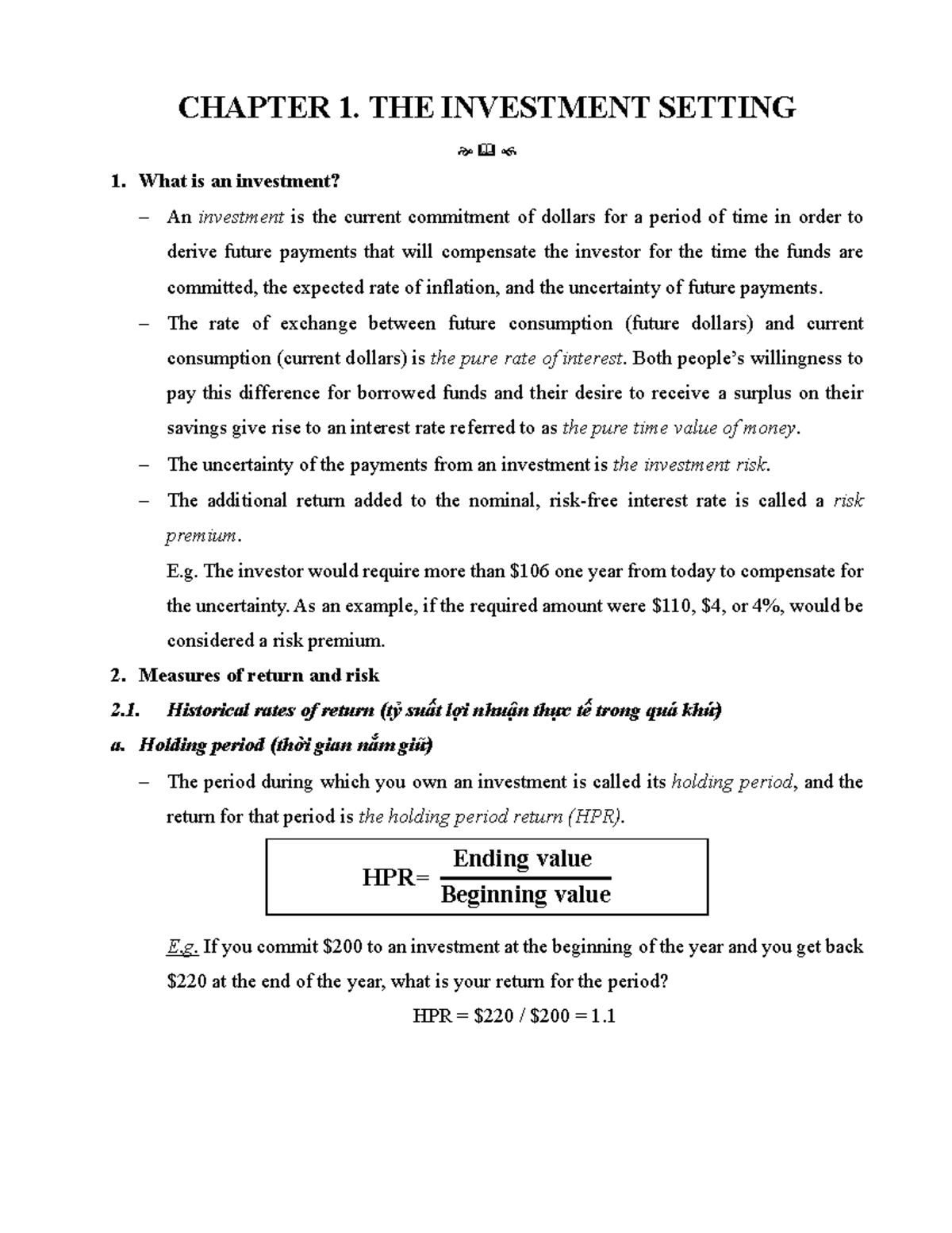 Chapter 1 Notes: Understanding the Investment Setting (FIN 101) - Studocu