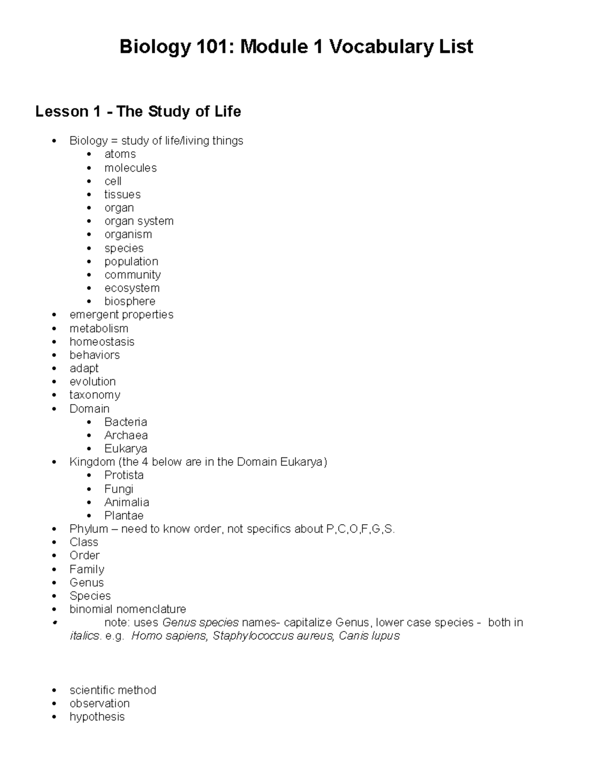 Biology 101: Module 1 Vocabulary & Concepts Overview - Studocu