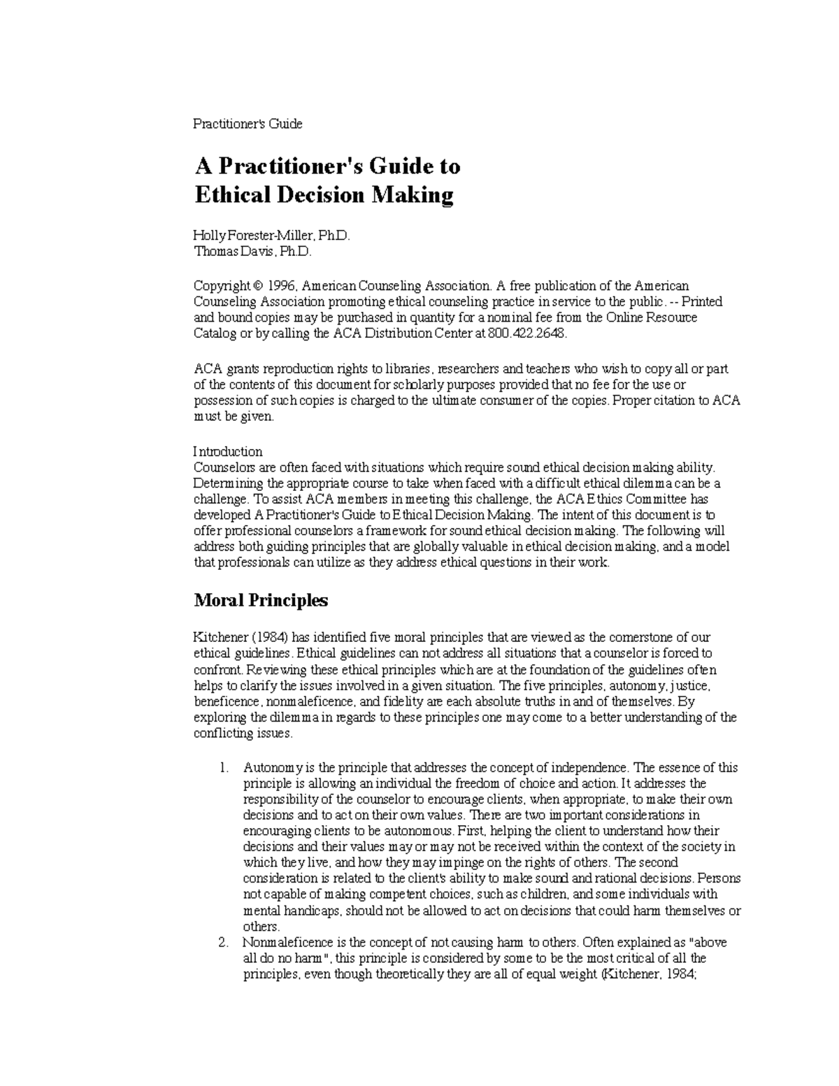 Kitchener's Principles in Ethical Decision Making: A Practitioner's ...