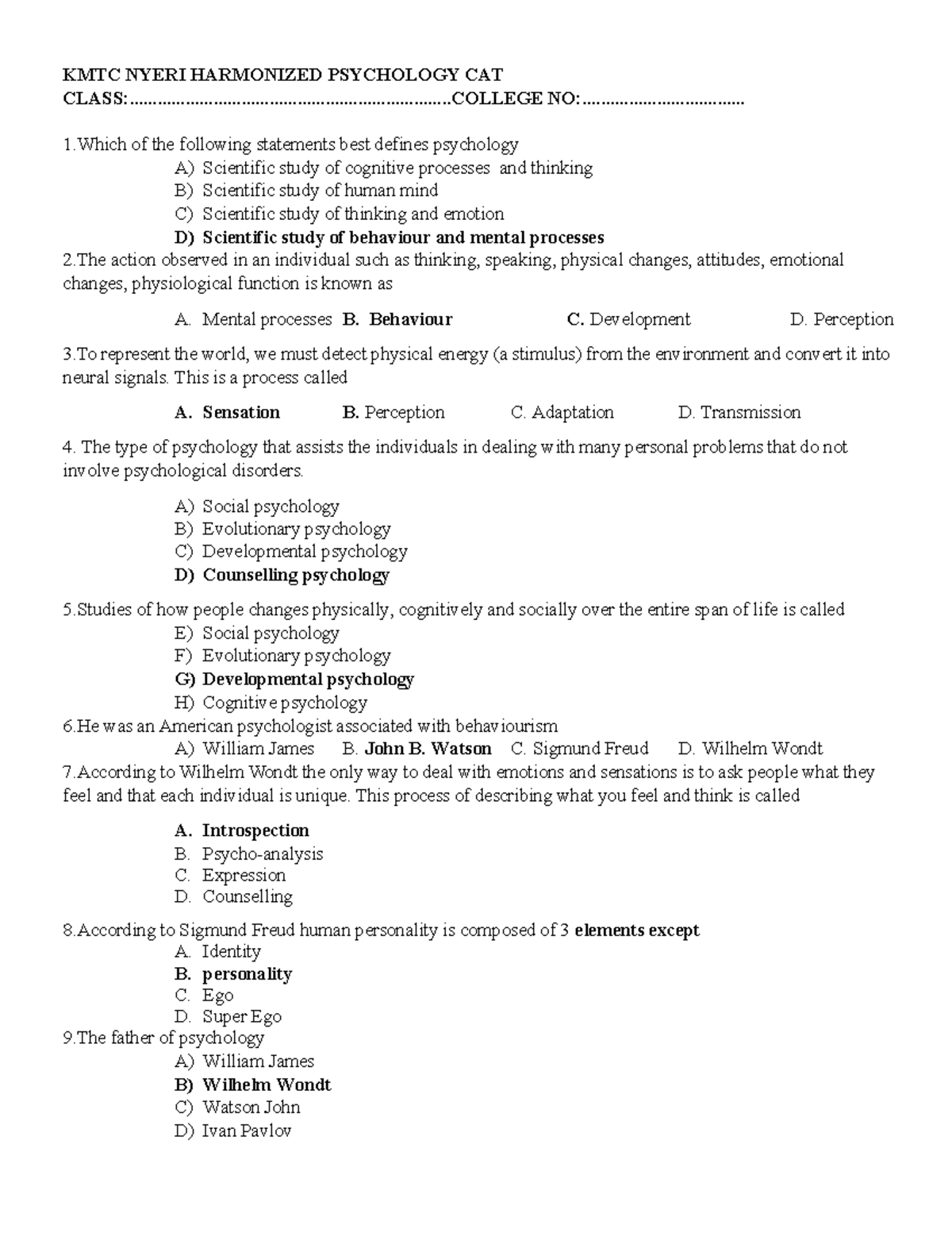 KMTC PSYCHOLOGY REVISION QUESTIONS & ANSWERS - Studocu
