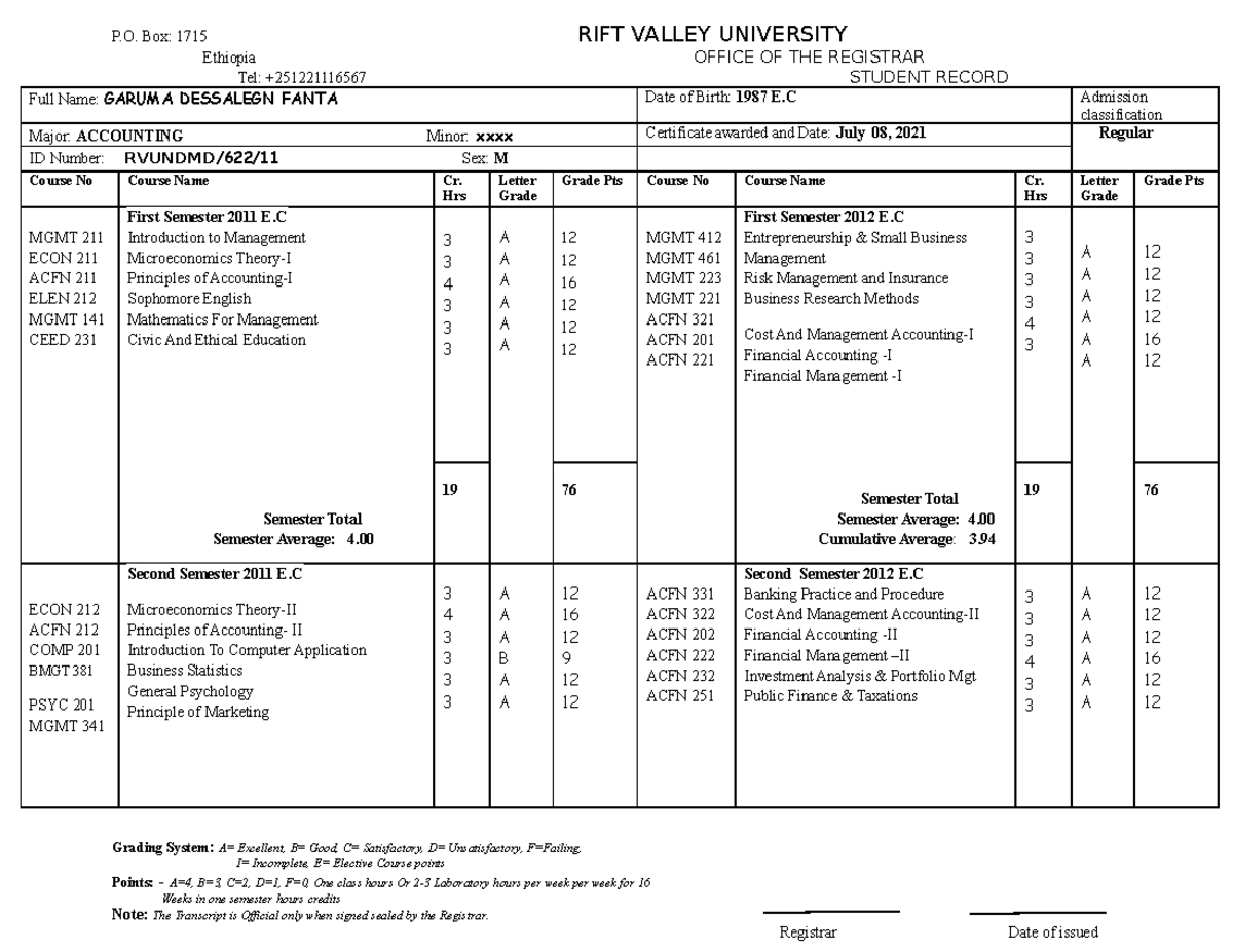 Official Transcript - RVU Accounting (Garuma Dessalegn Fanta) - Studocu
