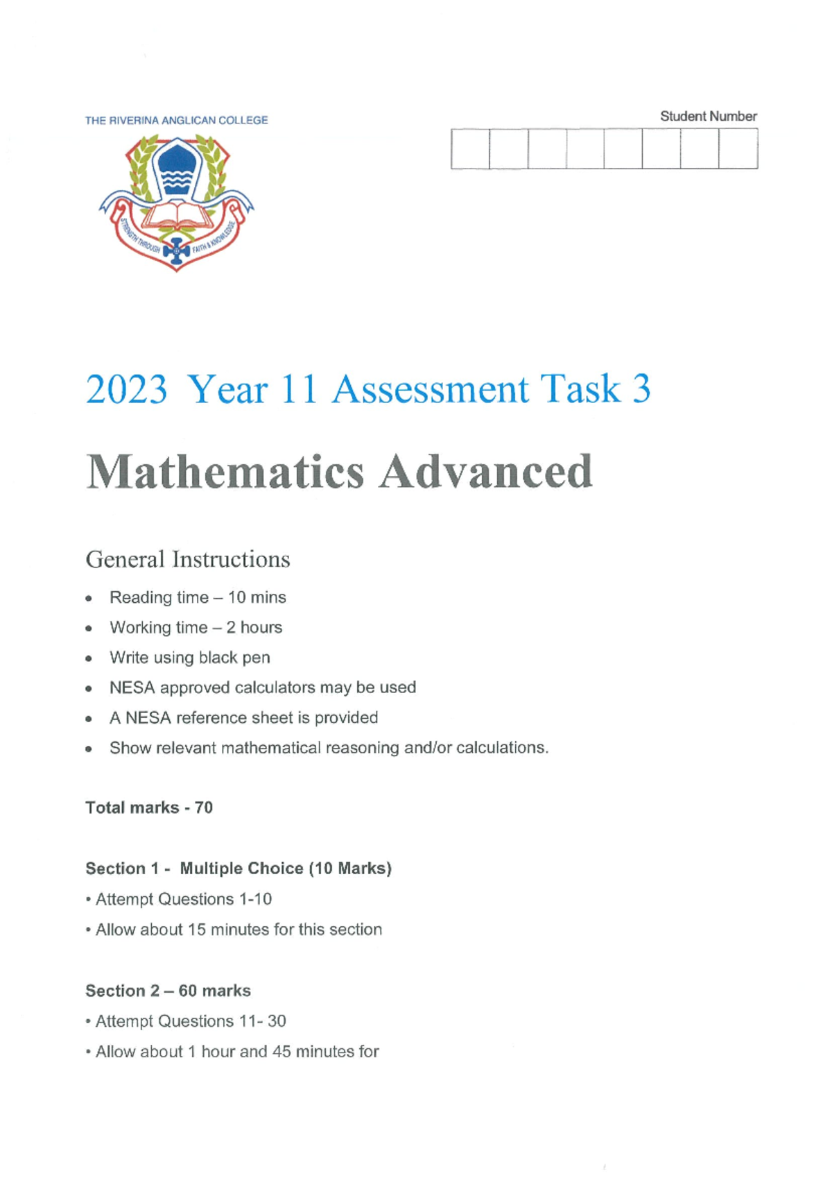 2023 Year 11 Mathematics Advanced Assessment Task 3 - Studocu