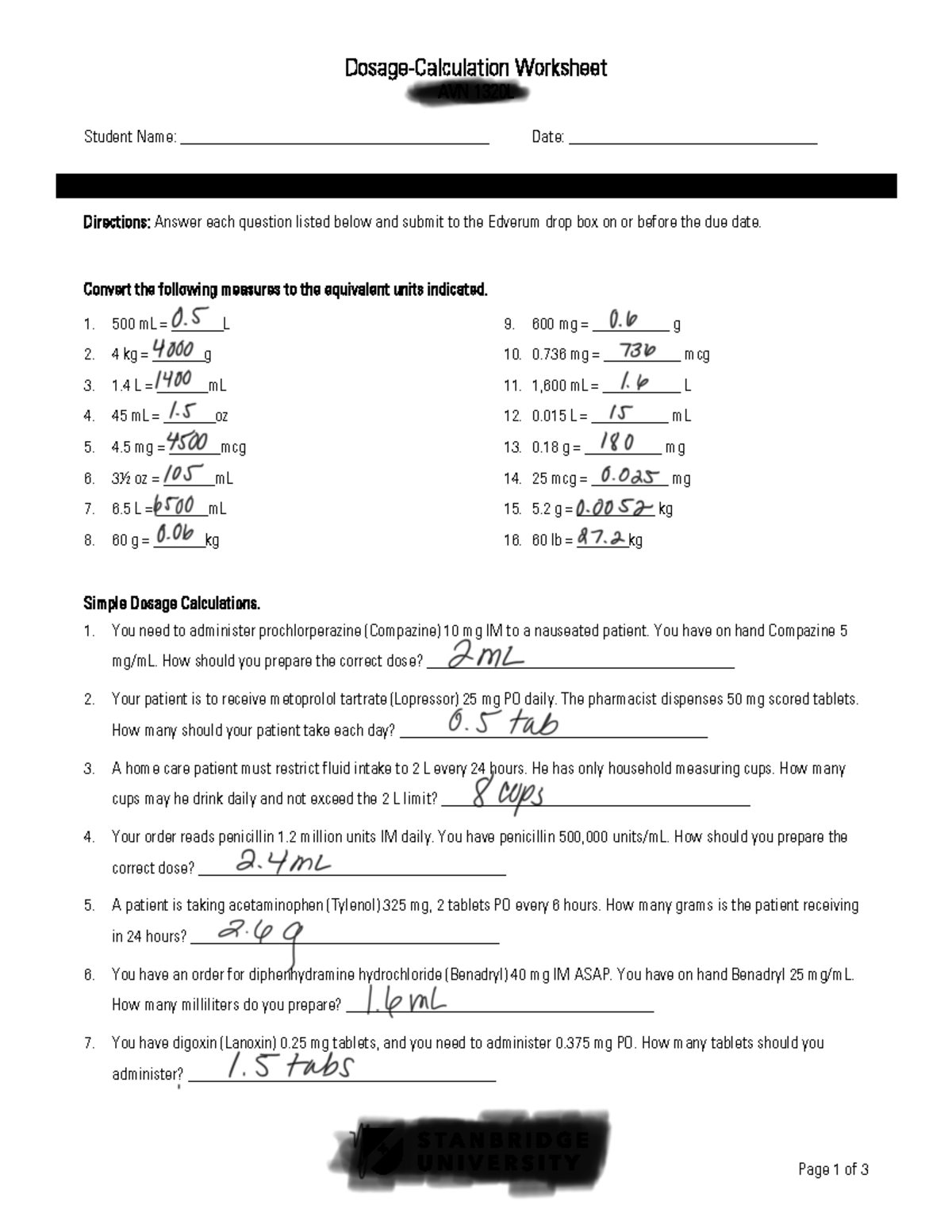 Dosage-Calculation Practice Worksheet (2022) - Page 1 of 3 Student Name ...