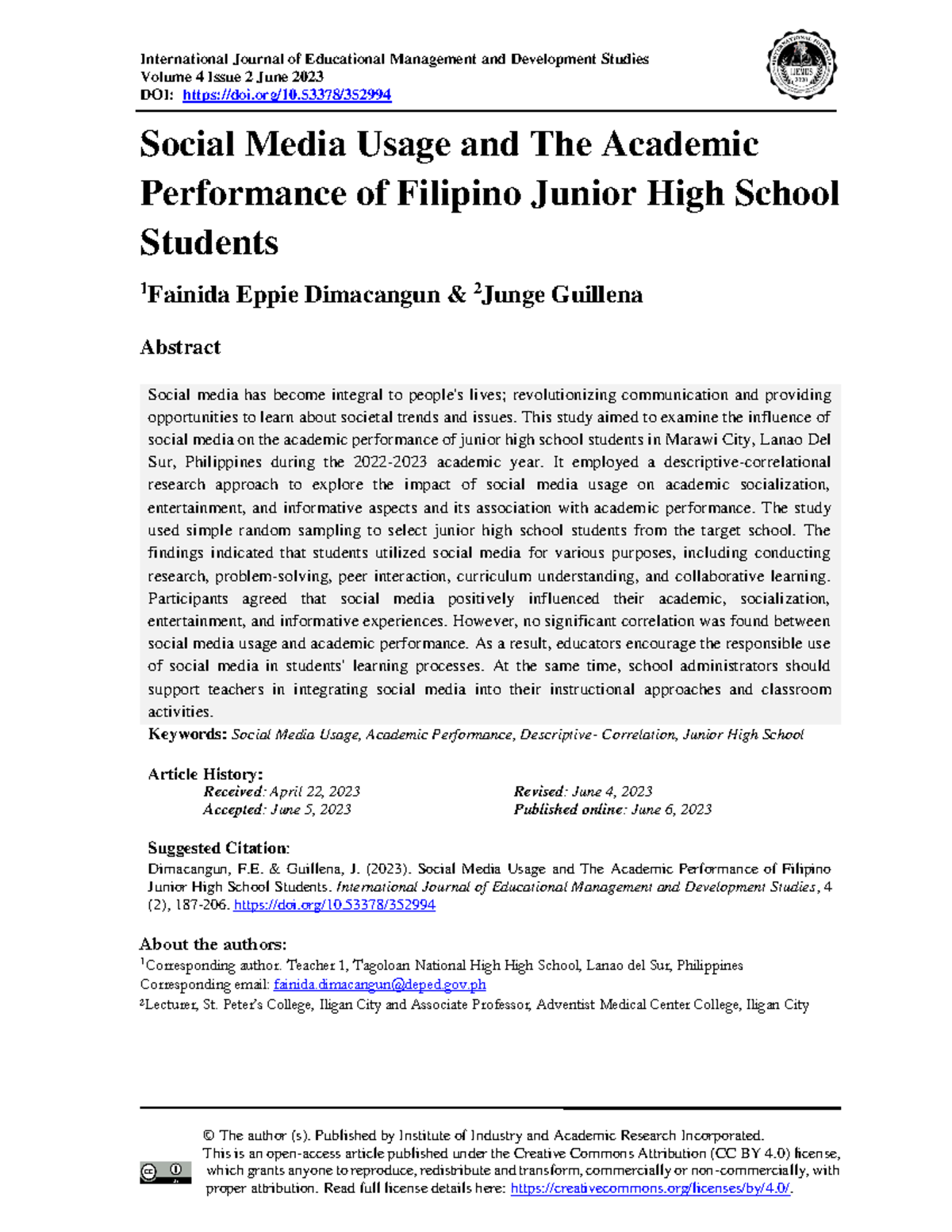 Social Media Usage and Academic Performance of Filipino JHS Students ...