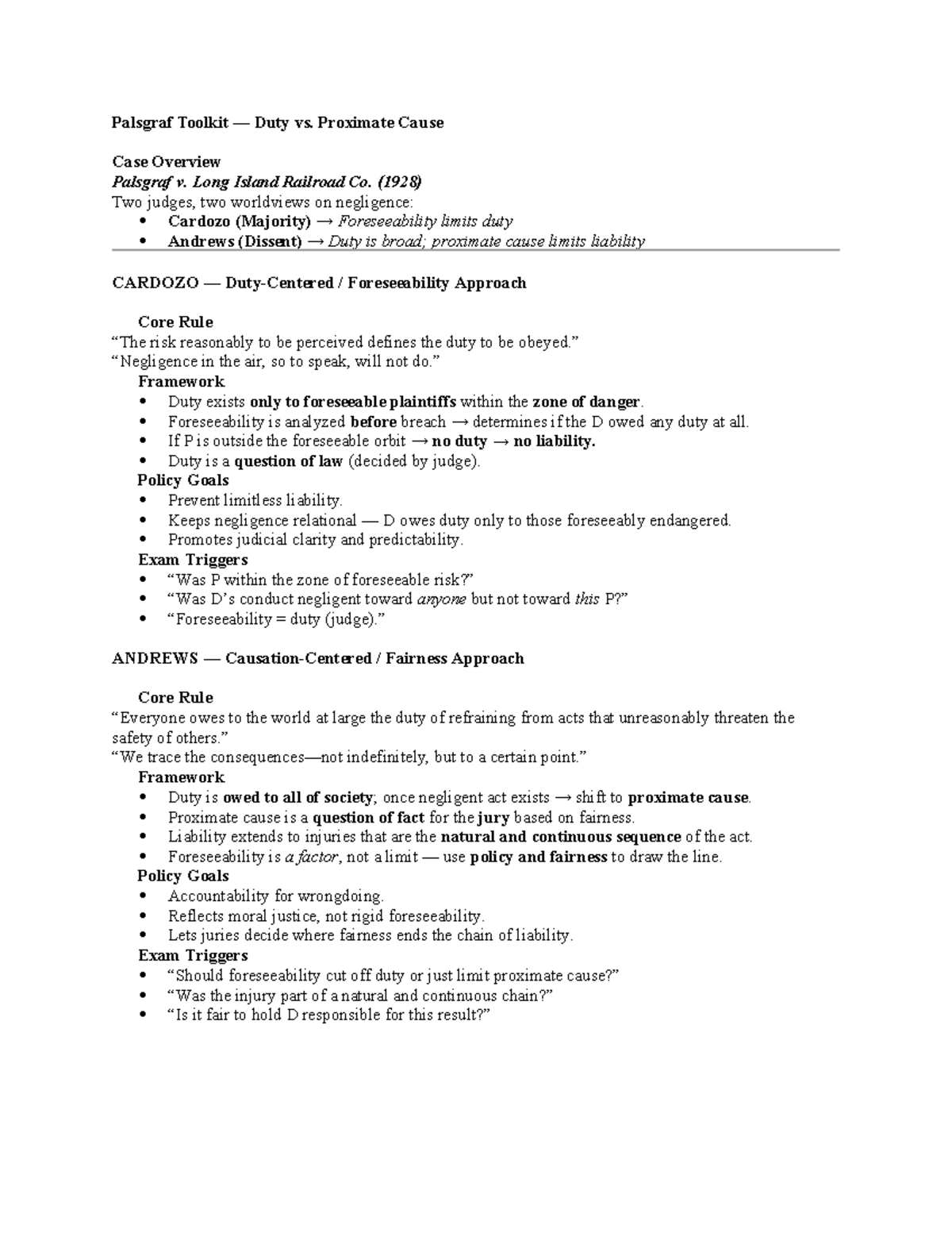 Palsgraf Case Analysis: Cardozo vs. Andrews on Negligence - Studocu