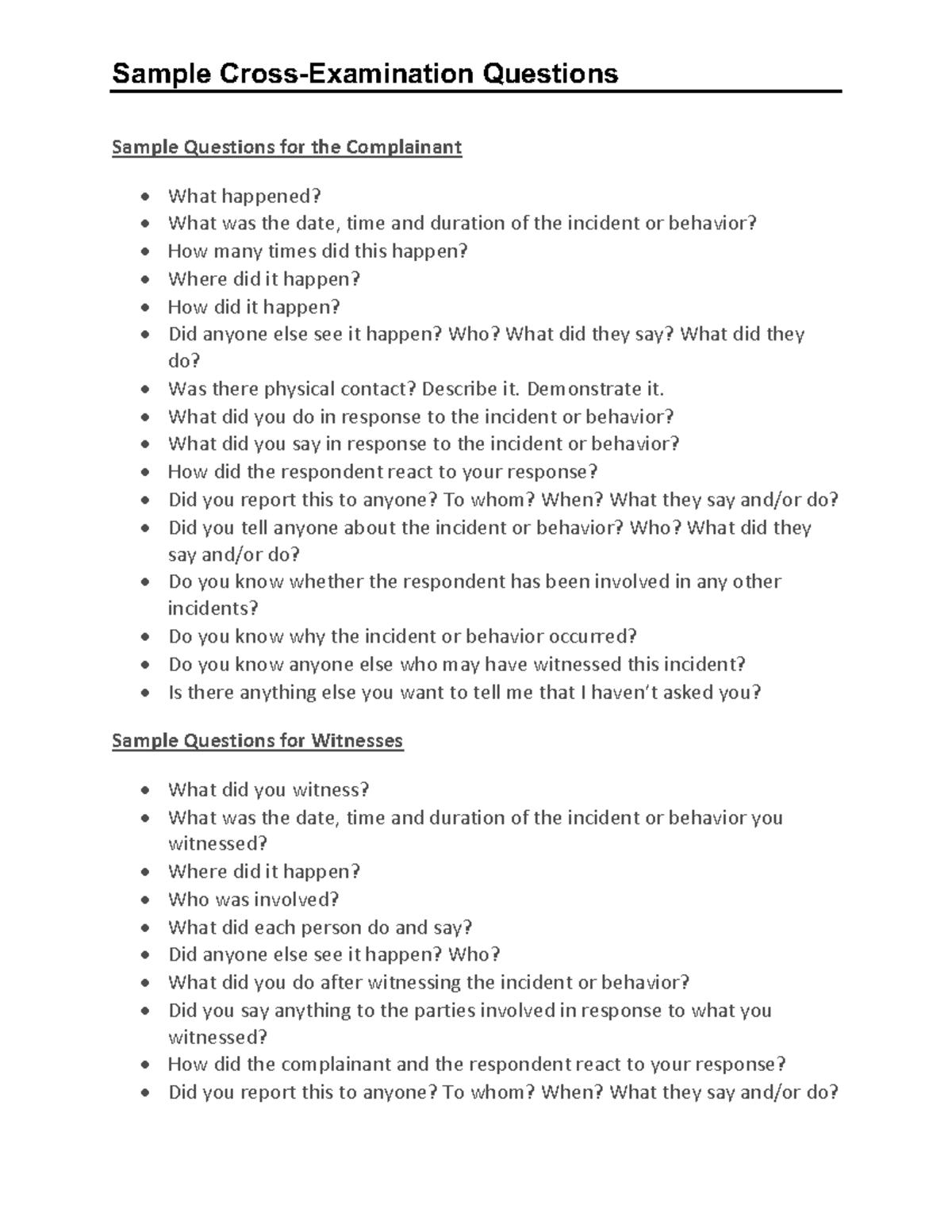 Sample Questions for Cross-Examination in Legal Cases - Studocu