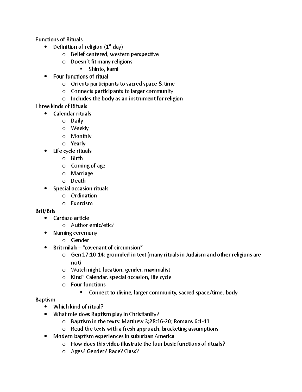 Intro World Religions Notes 2 - Functions of Rituals Definition of ...