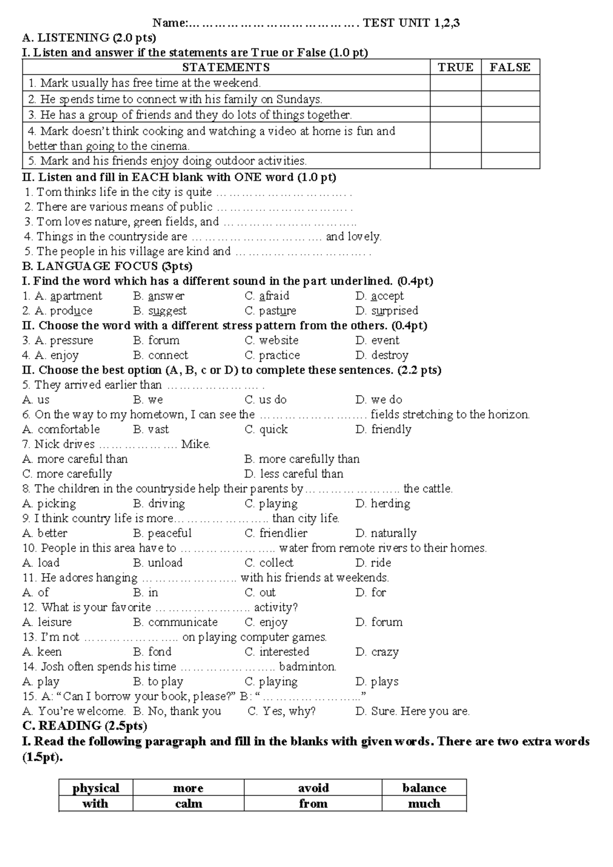 TEST UNIT 1, 2, 3: LISTENING & LANGUAGE FOCUS (2.0 pts) - Studocu