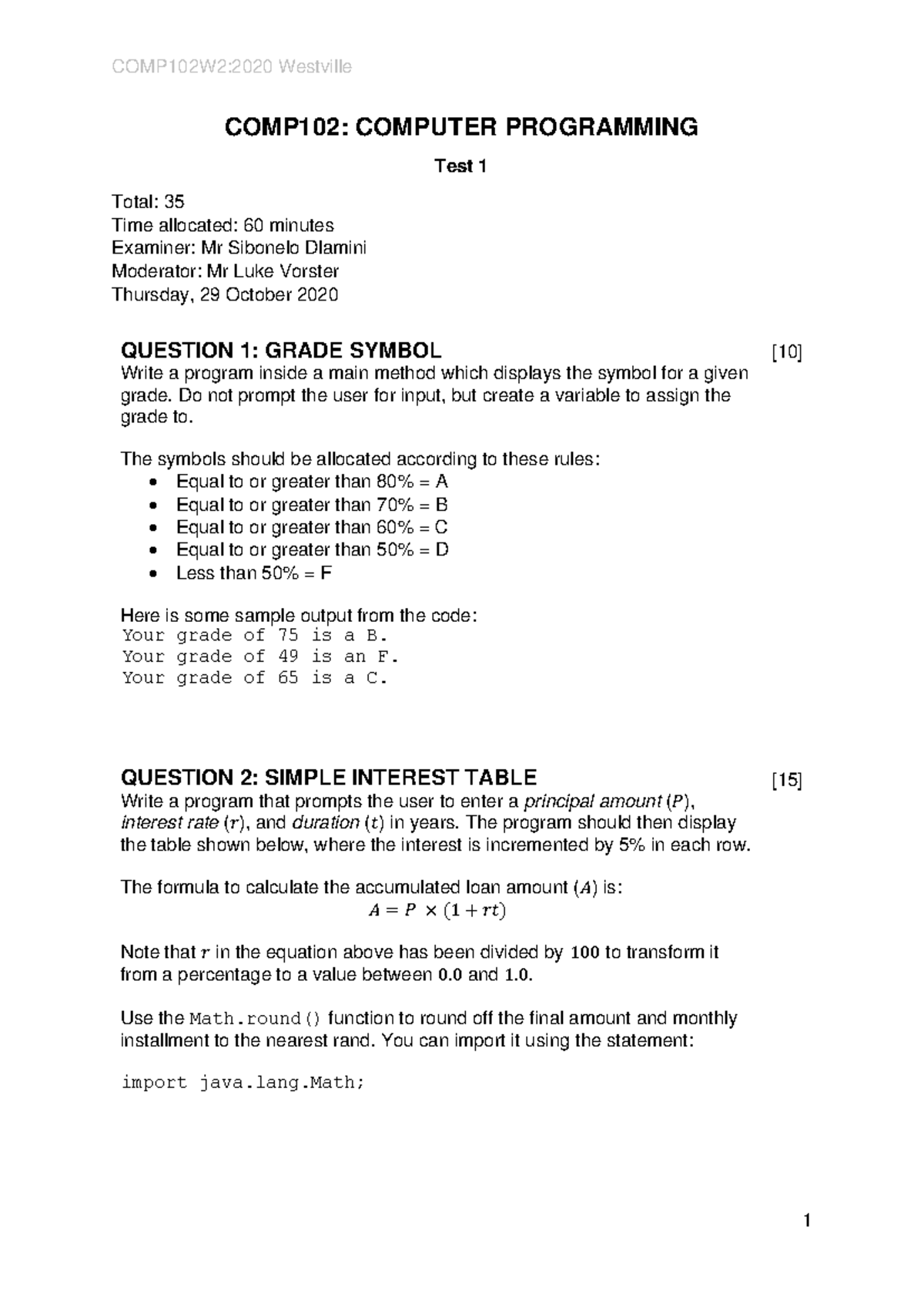 COMP102W2 2020 Test 1: Computer Programming Questions and Solutions ...