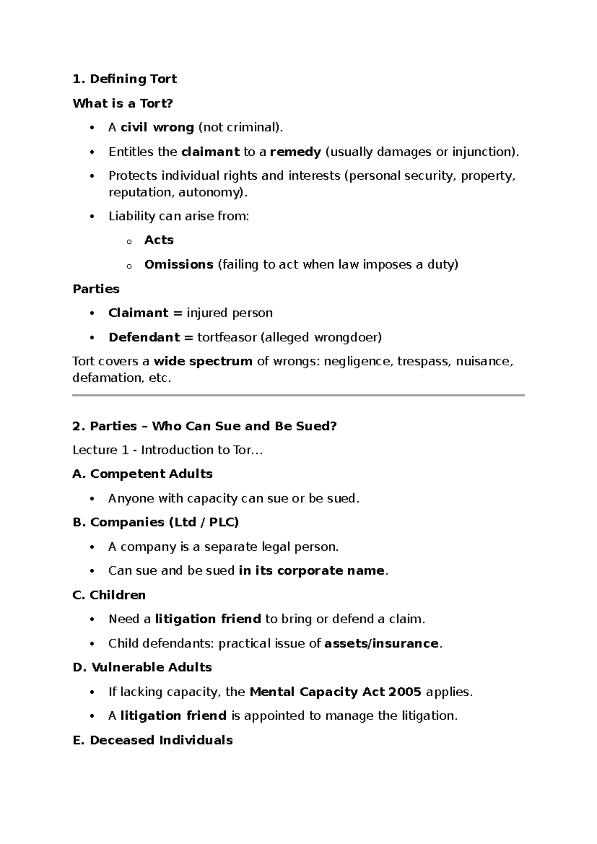 Tort Law Notes: Lecture 1 Overview and Key Concepts - Studocu