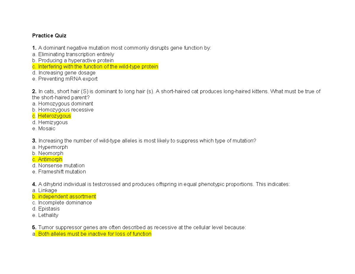 Practice Quiz 1: Genetics and Mutation Concepts - Studocu