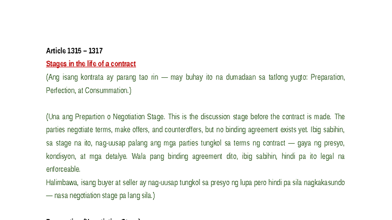Article 1315-1317: Stages of Contract Life Cycle in Civil Law - Studocu