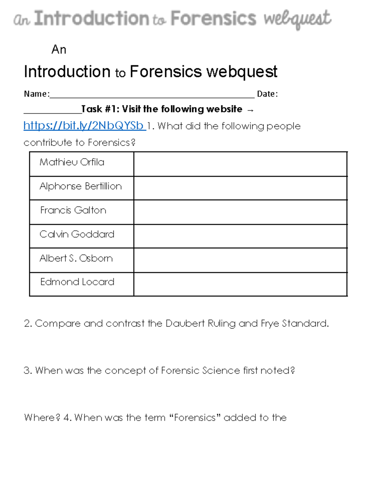 Forensic Science Webquest Student Version: Essential Questions & Tasks ...
