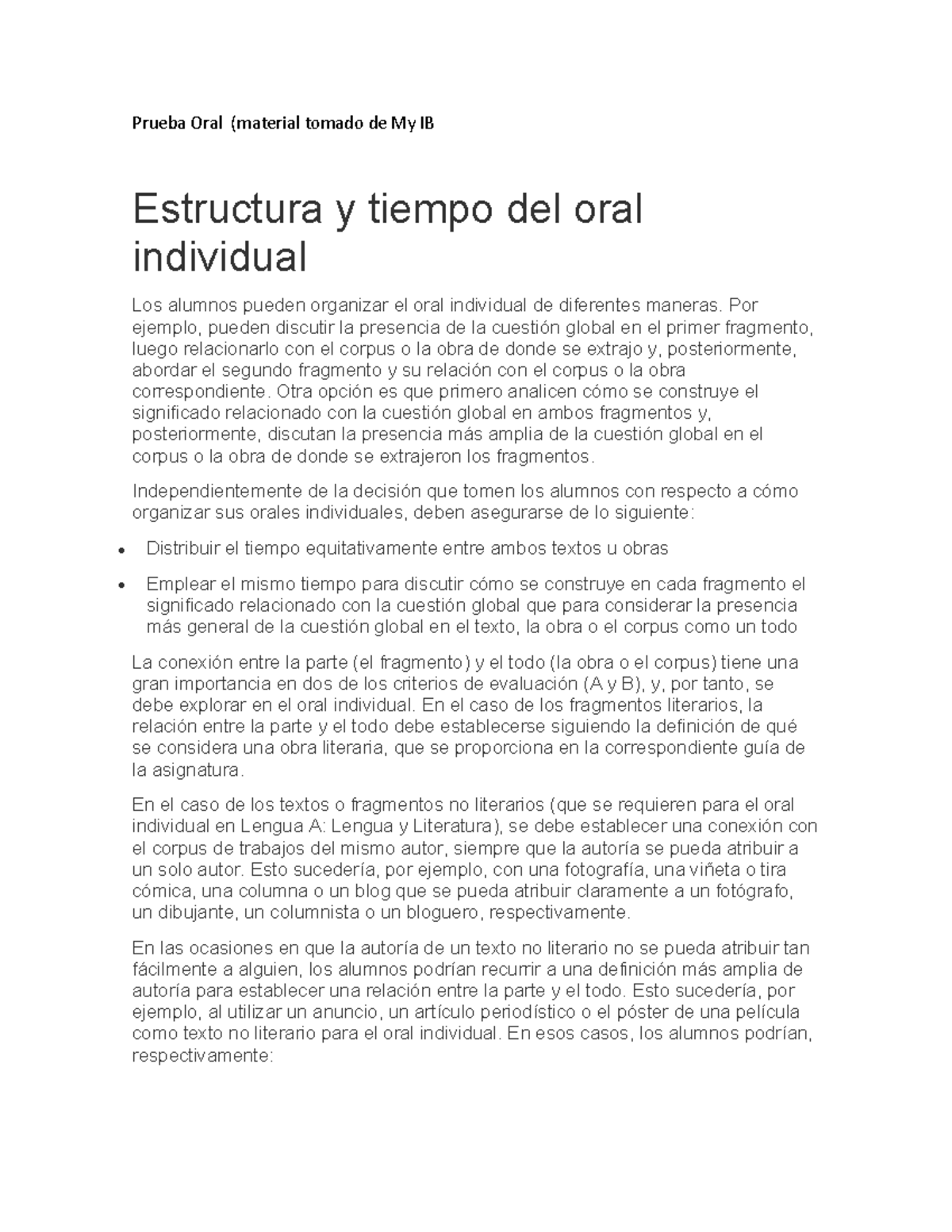 Estructura y Tiempo del Oral Individual - Prueba Oral (My IB) - Studocu