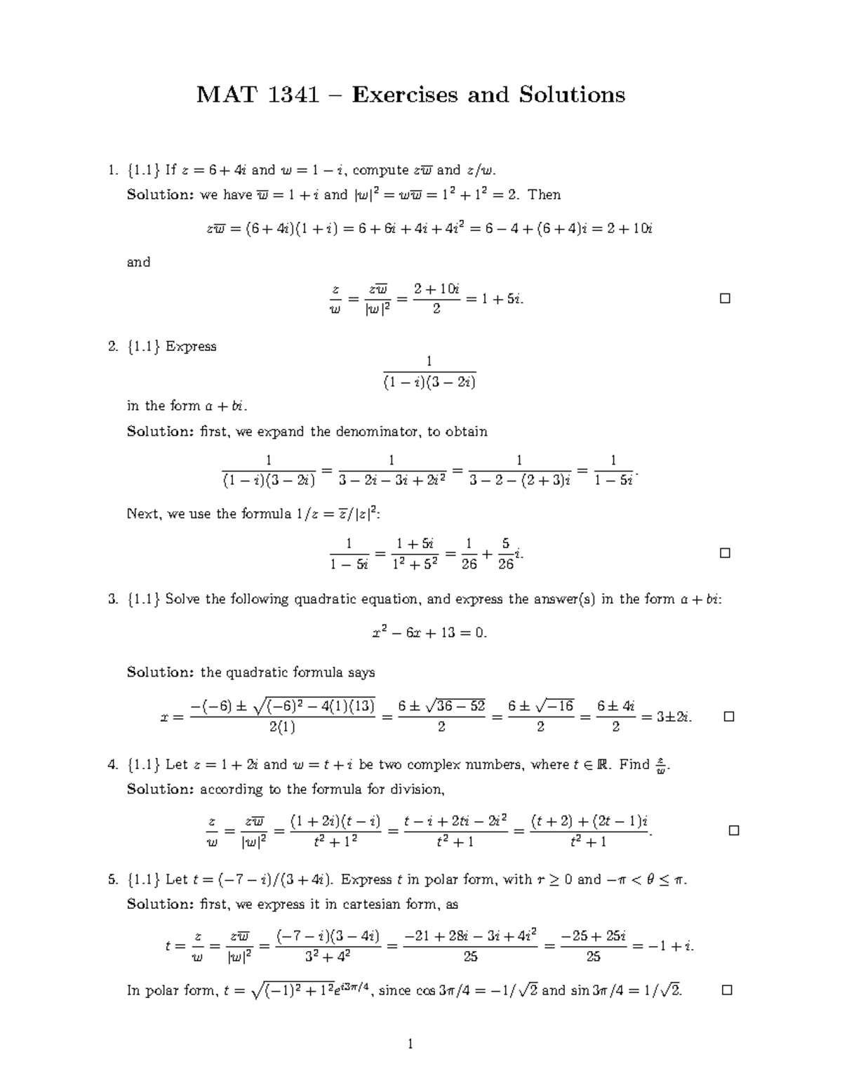 MAT 1341 Exercises and Solutions: Complex Numbers and Vector Spaces - Studocu