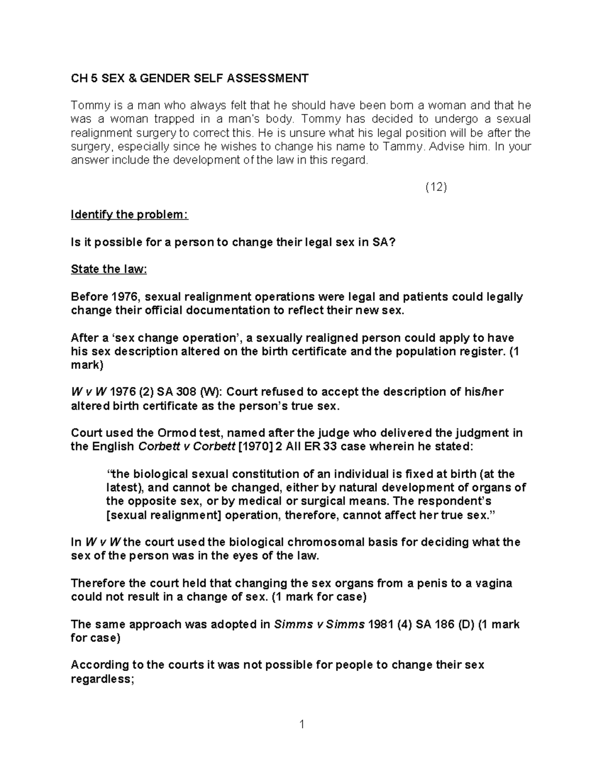 CH 5 SEX GENDER SELF ASSESSMENT: Legal Implications of Gender ...