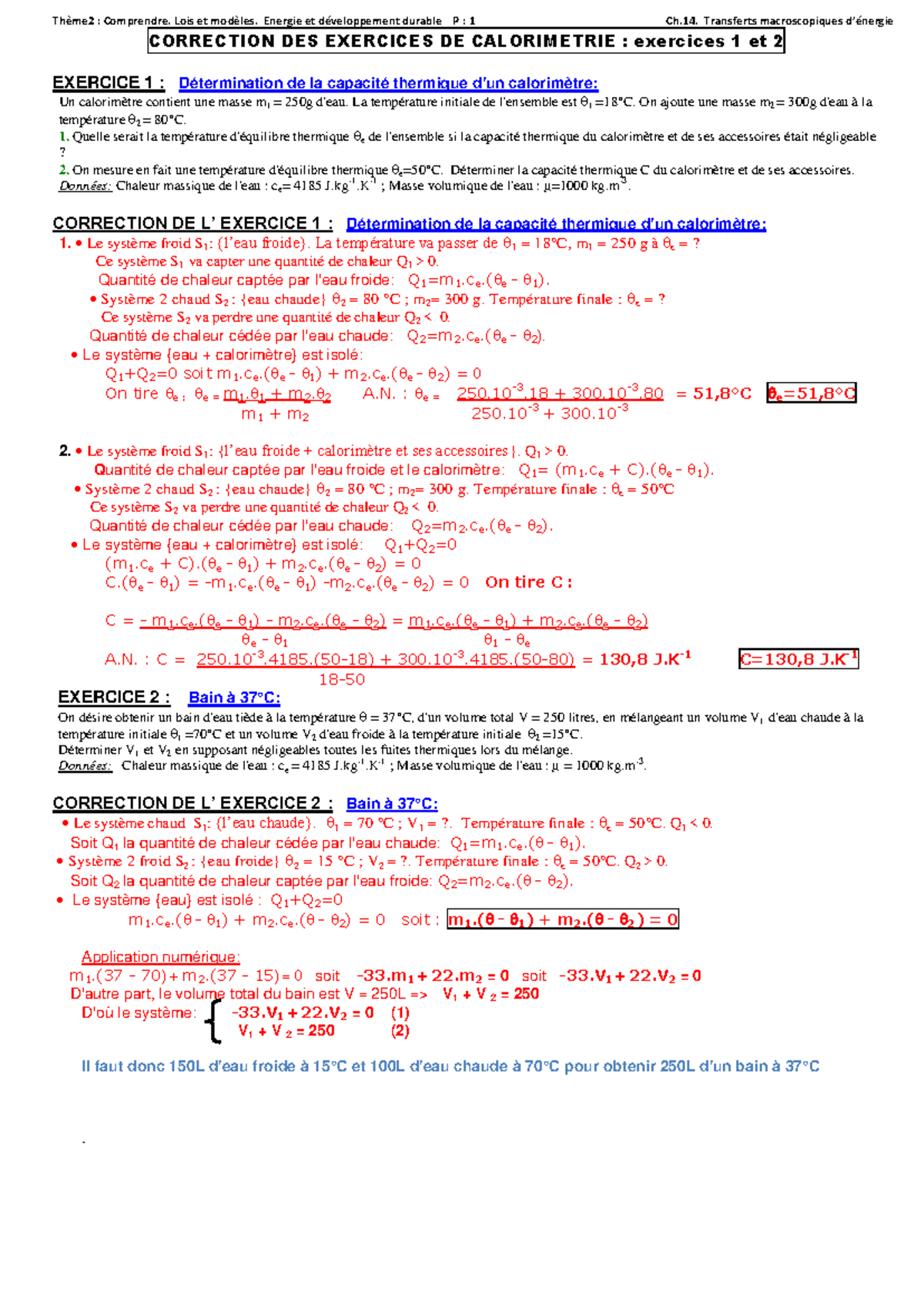Calorimetrie exercices corriges 01 - Thème2 : Comprendre. Lois et ...
