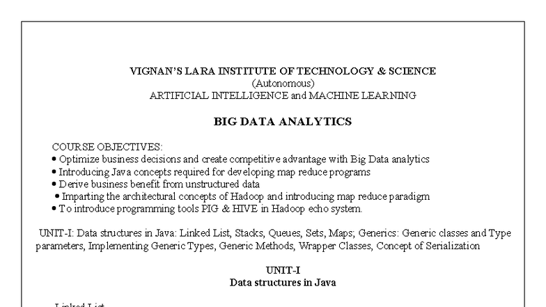 LIT AI & ML Course: Linked List in Java Overview - Studocu
