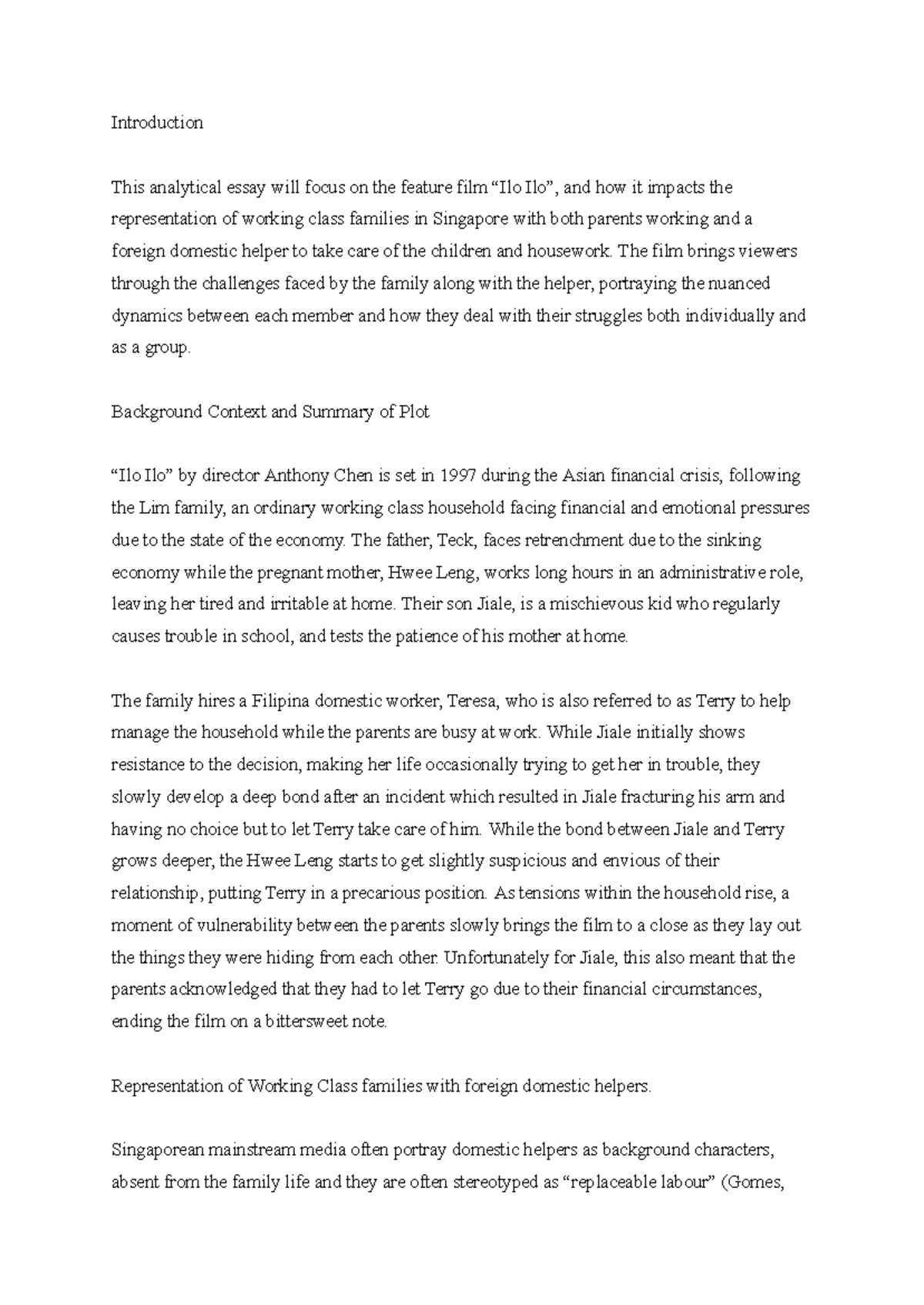 NM1101E Analytical Essay: Representation of Working Class Families in ...